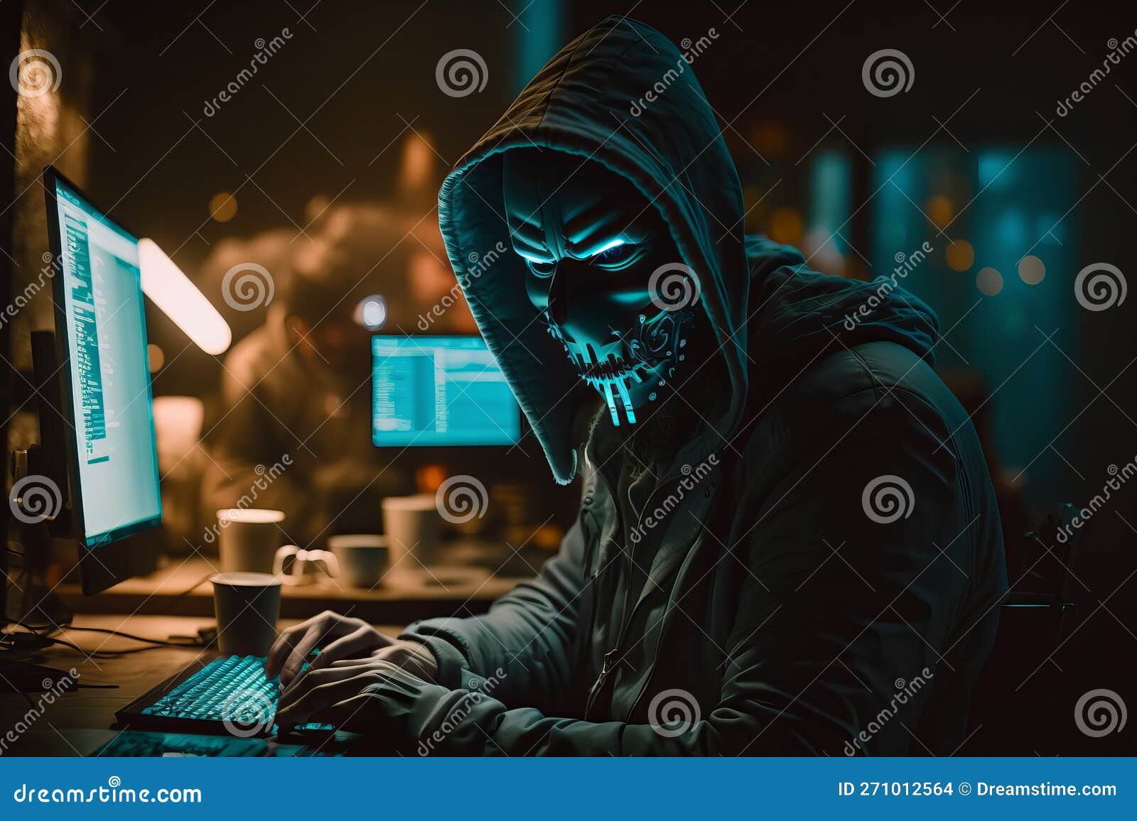 Hooded Hacker with Mask Using Laptop Break or Attack into Data Server. Hacking, Coding or ...