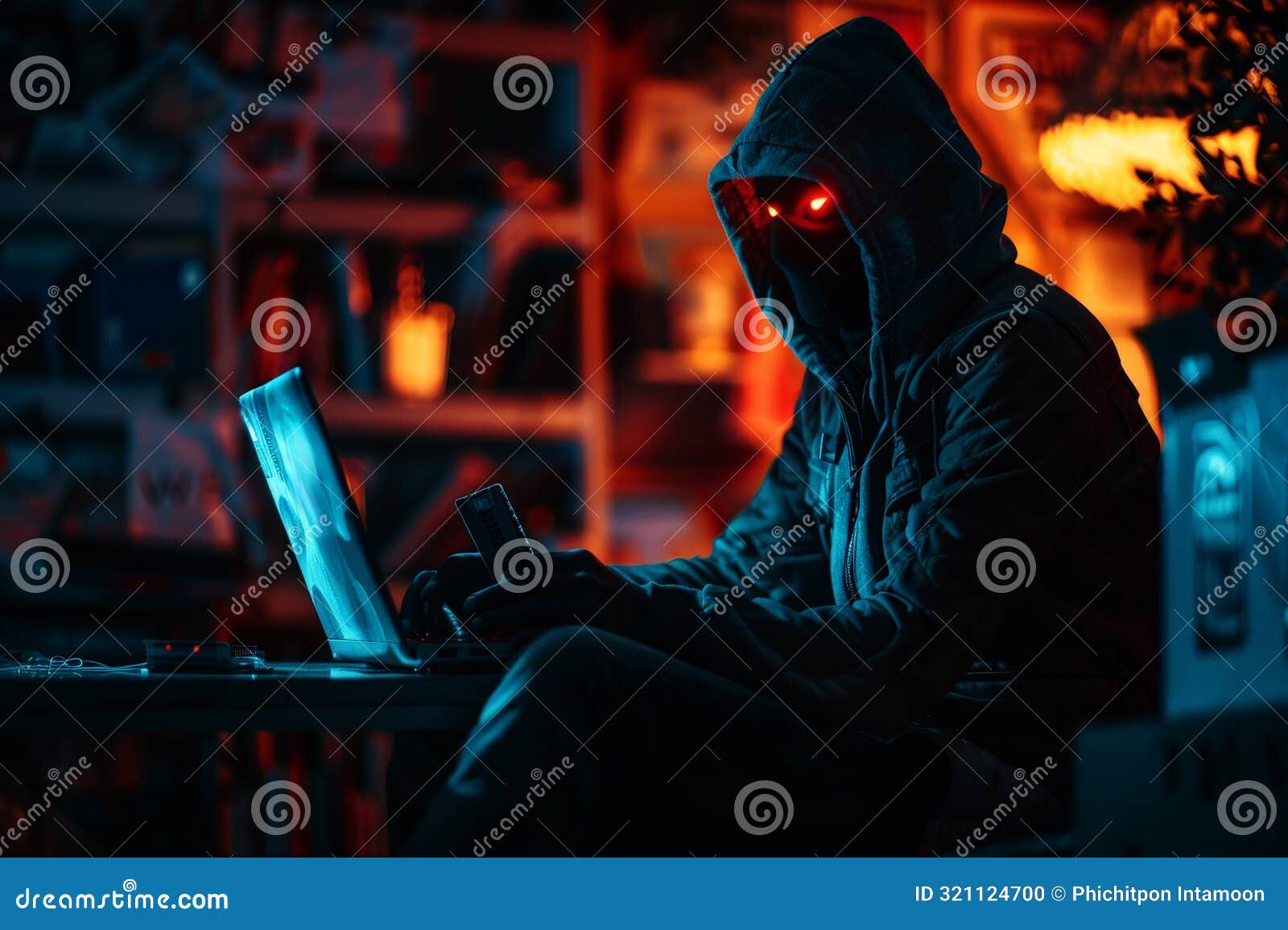 Hooded Hacker with Red Eye Using Computer in Dark Room. Cybercrime ...