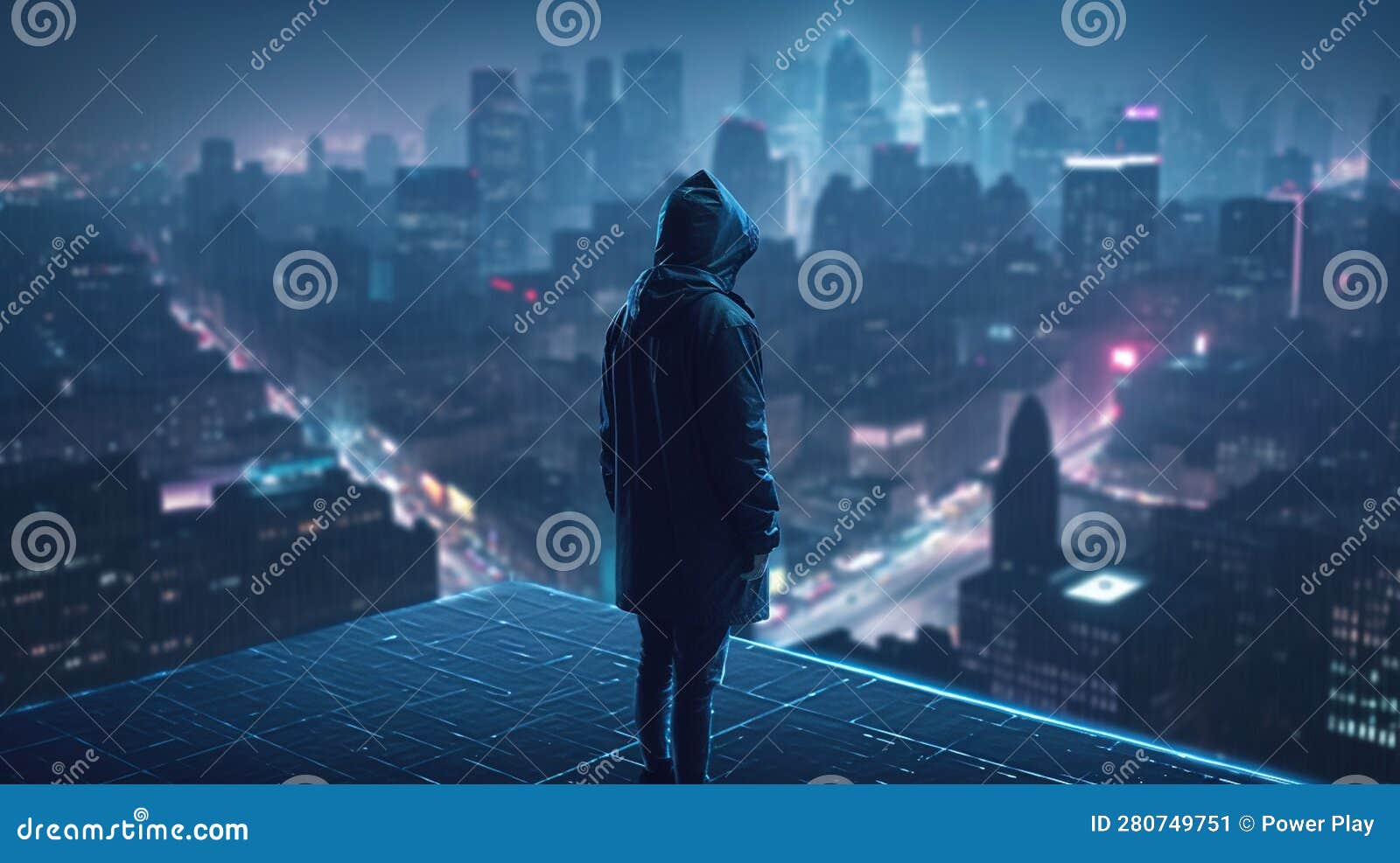 Hooded Hacker Standing on Illuminated City Background. Hacking Concept ...