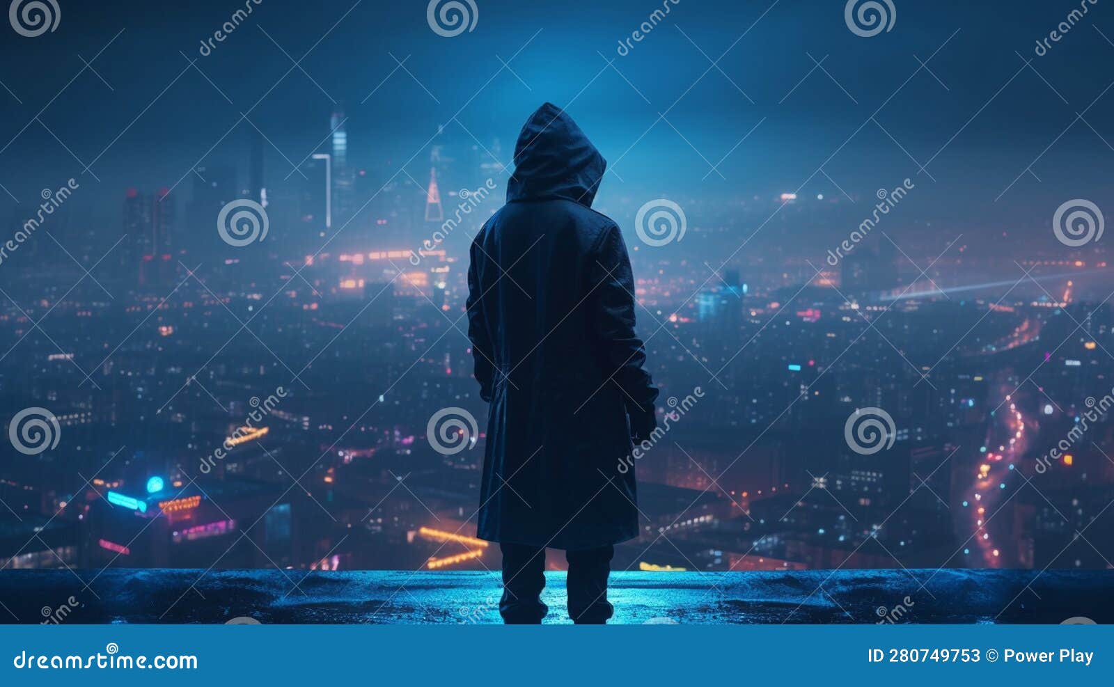 Hooded Hacker Standing on Illuminated City Background. Hacking Concept ...