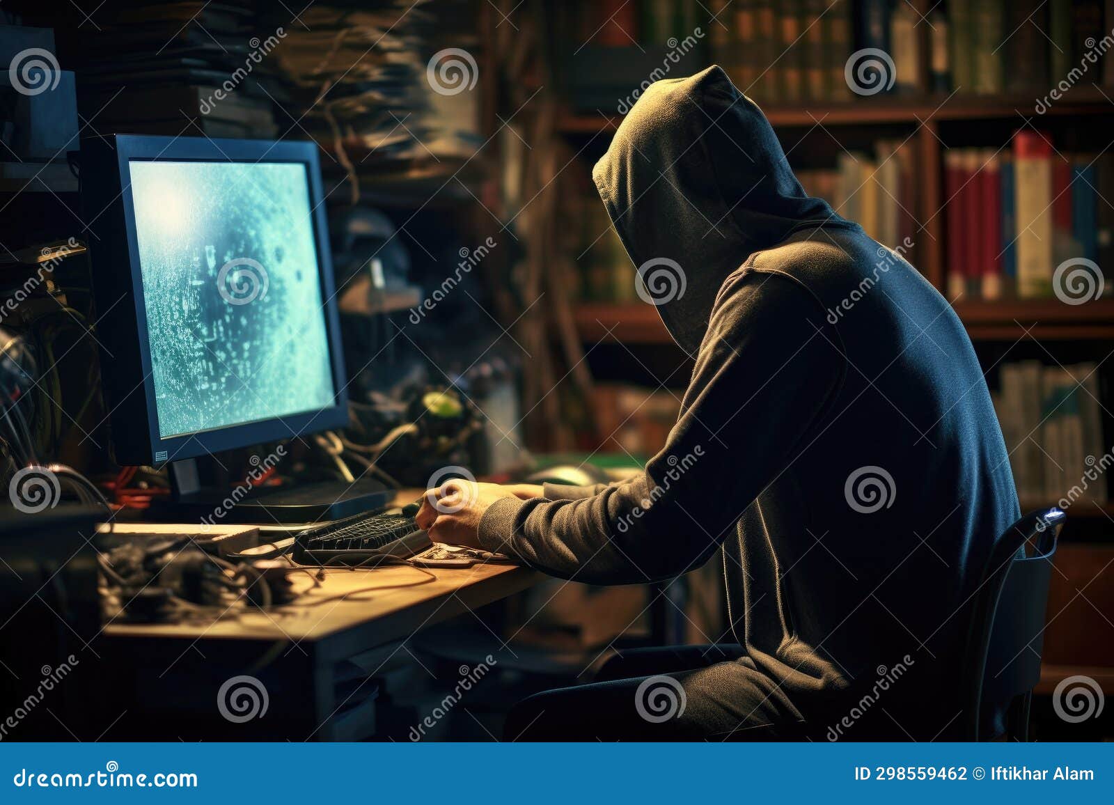Hooded Hacker Stealing Information from a Computer in a Dark Room, a ...