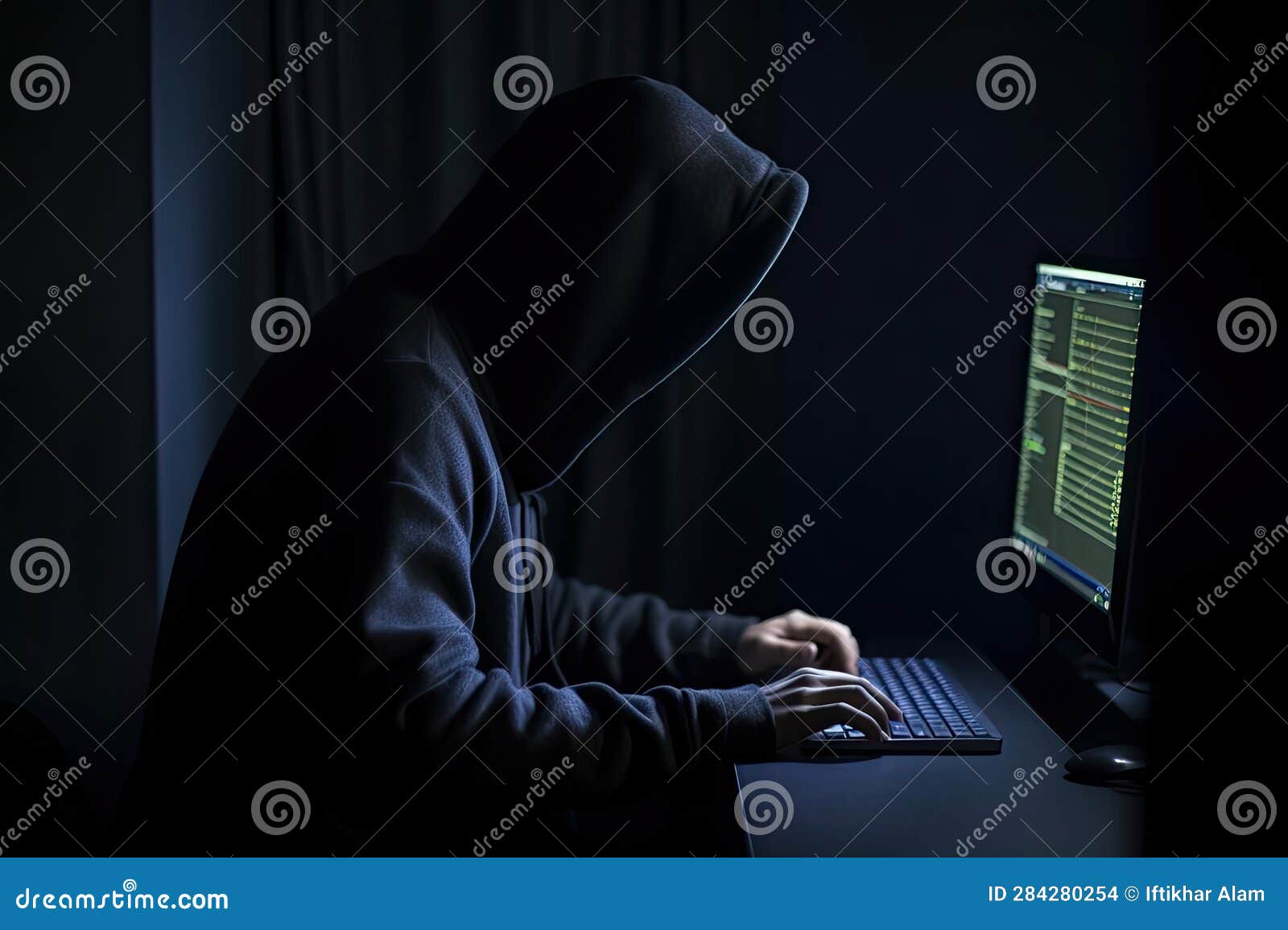 Hooded Hacker Using Computer in Dark Room. Cybercrime Concept, an ...
