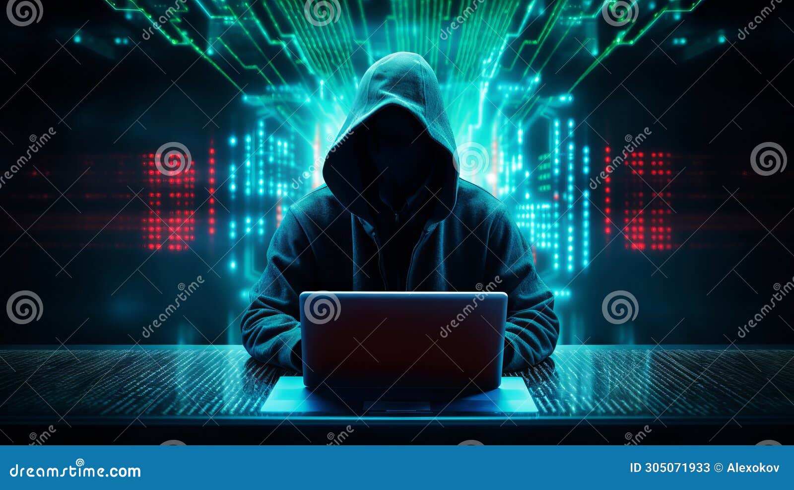 Hooded Hacker Using Laptop On Dark Background With Binary Code Concept