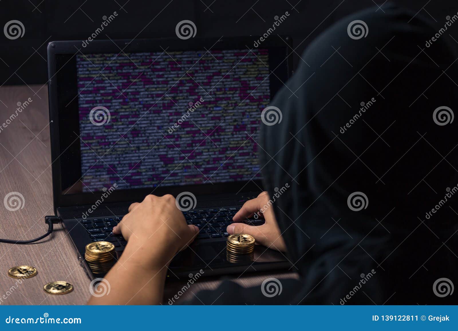 Hooded Hacker Using Laptop To Steal Bitcoin Stock Image - Image of ...