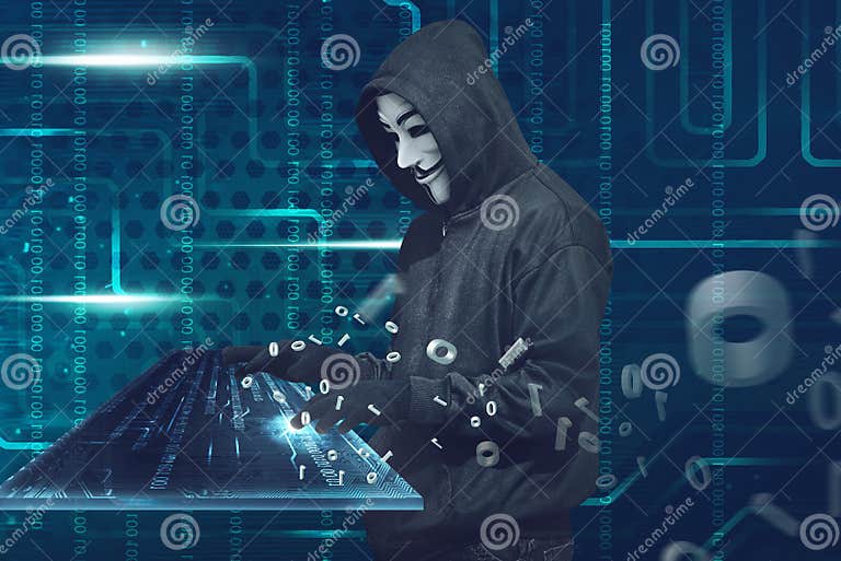 Hooded Man with Anonymous Mask Typing on Virtual Keyboard Editorial ...