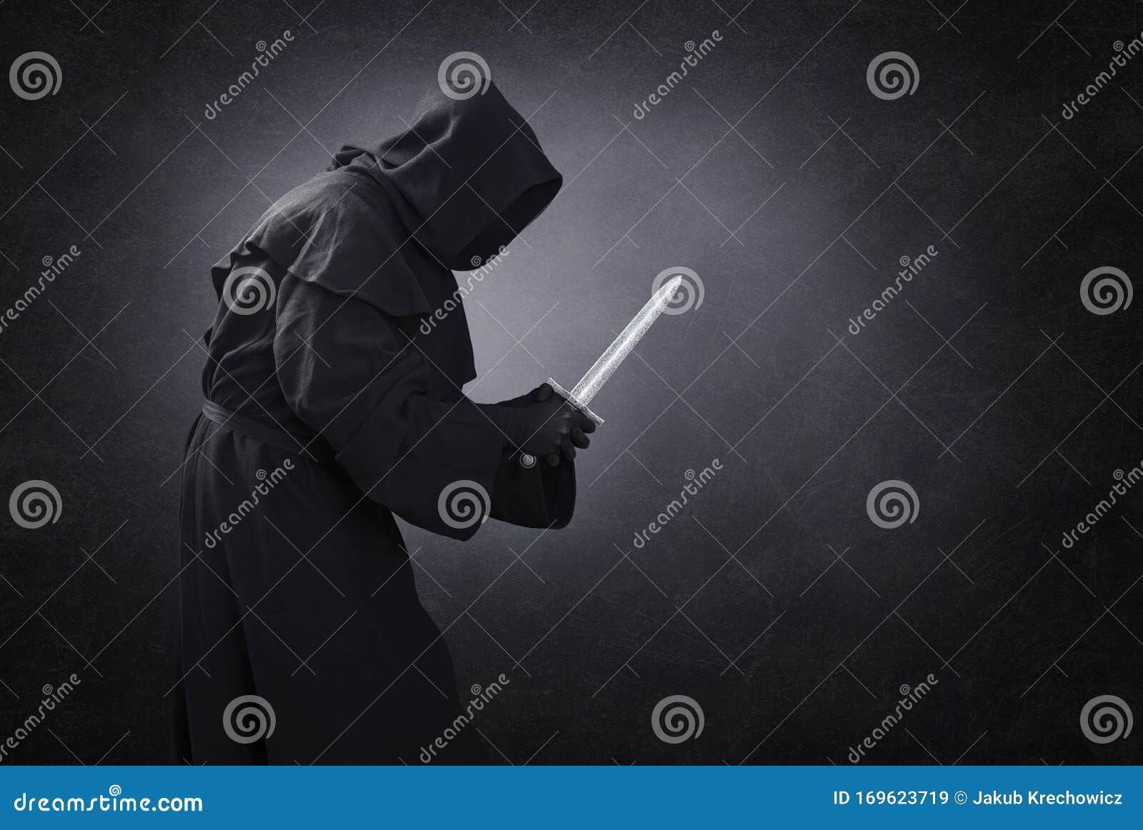 Hooded Man with Dagger in the Dark Stock Image - Image of aggression ...