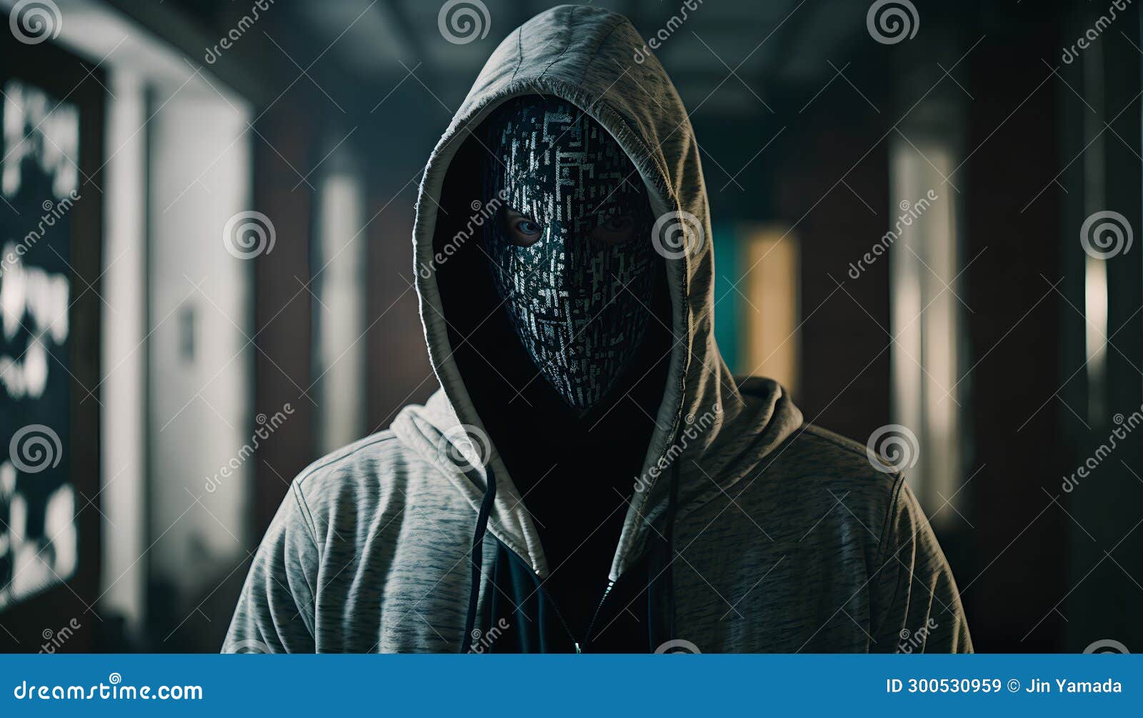 Hooded Man in a Dark Room with Binary Code on His Face Stock ...