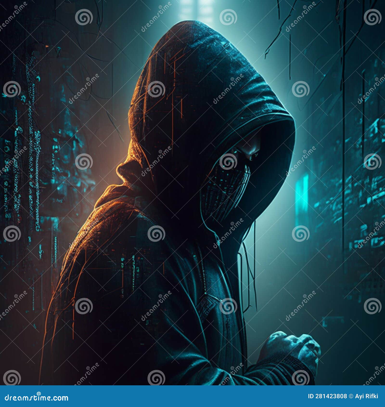 Hooded Man in Hoodie with Binary Code on Dark Background Stock ...