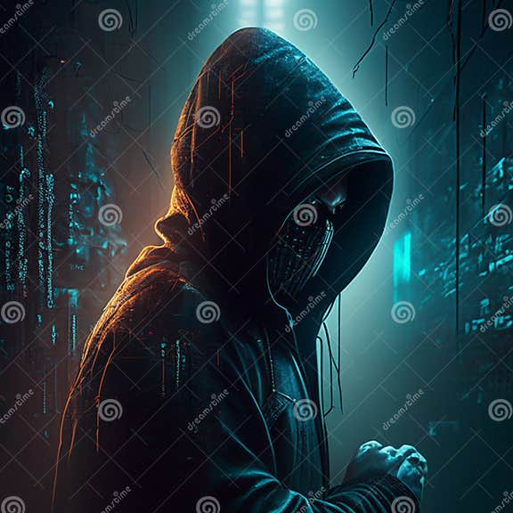 Hooded Man in Hoodie with Binary Code on Dark Background Stock ...