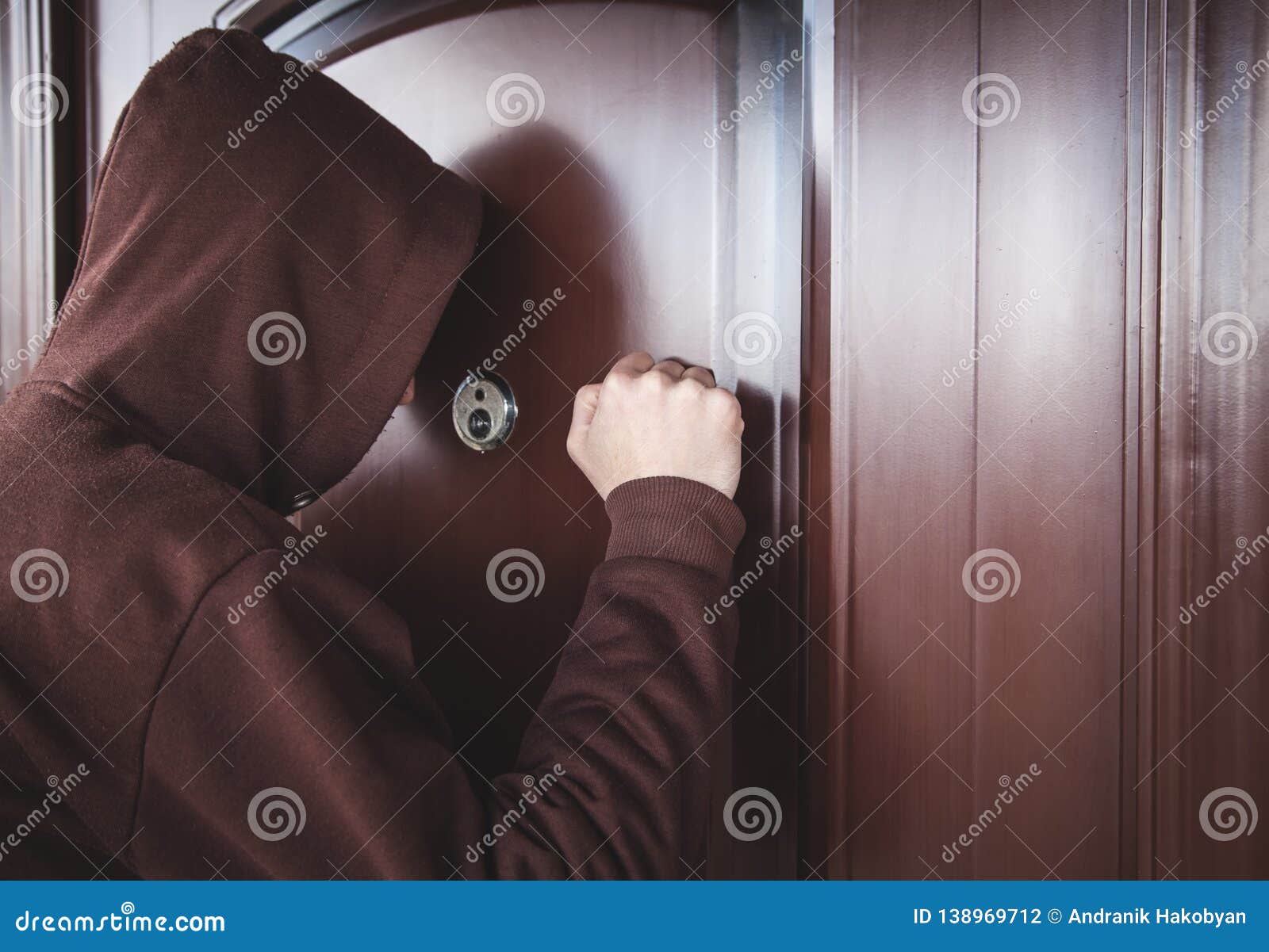 Hooded Man Knocking on Door Stock Photo - Image of security, hooded ...