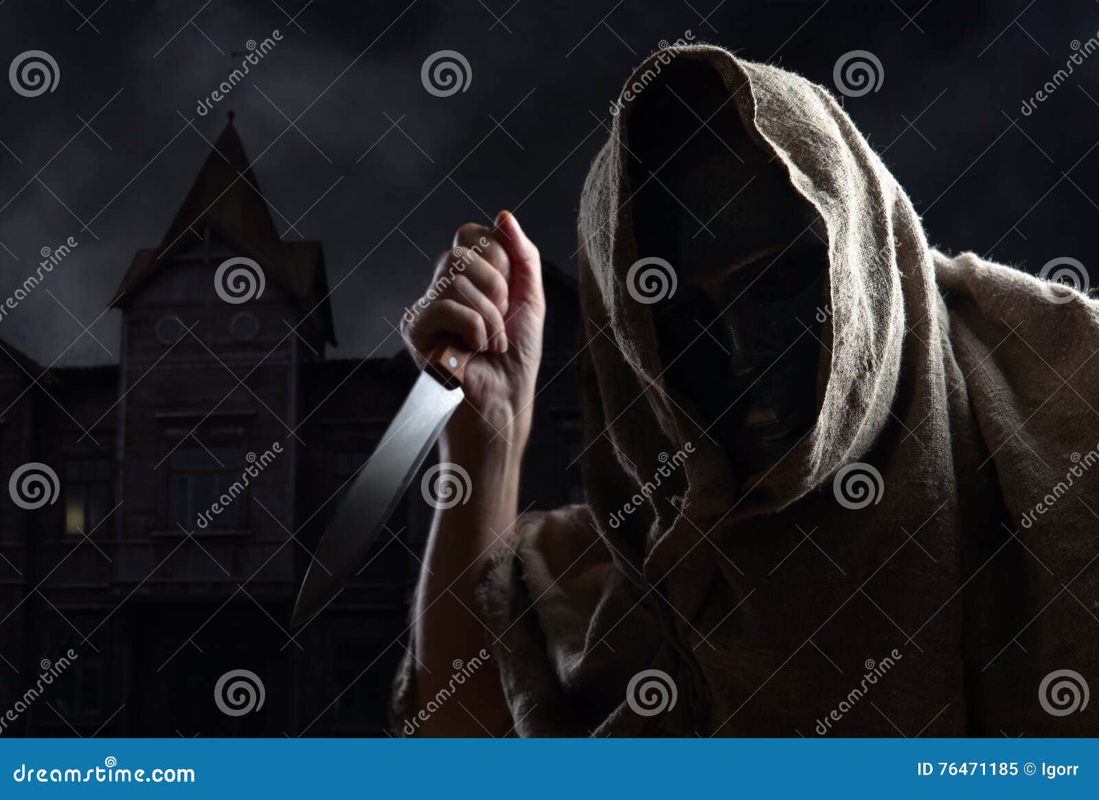 Hooded Man in Mask with a Knife Stock Image - Image of holding, evil ...