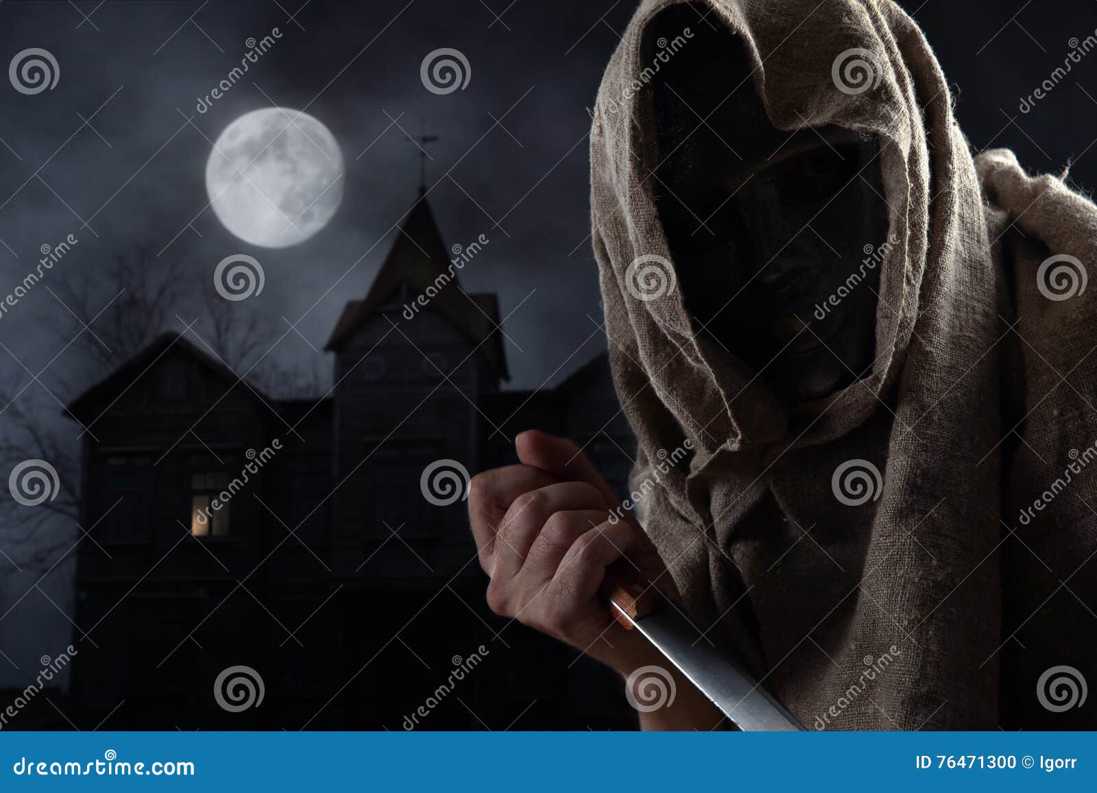 Hooded Man in Mask with Knife Stock Photo - Image of hide, face: 76471300