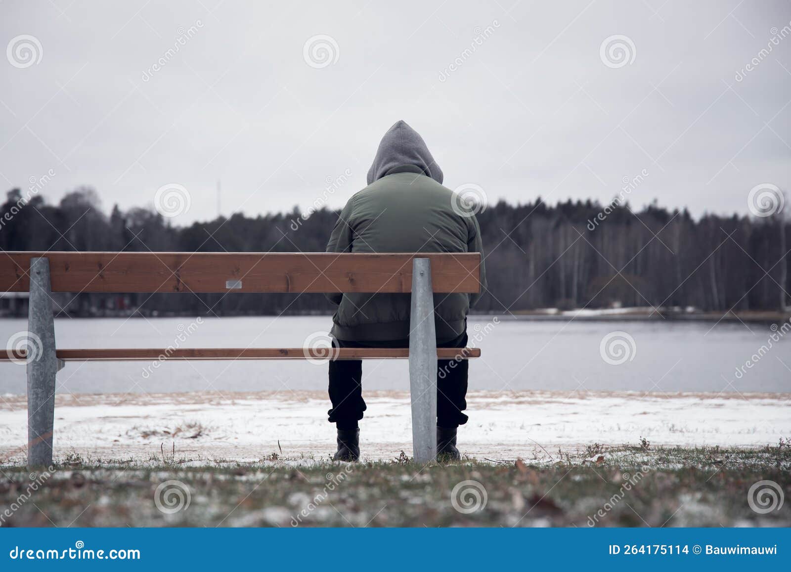 Hooded Man Sitting Alone on Park Bench Stock Photo - Image of peaceful ...