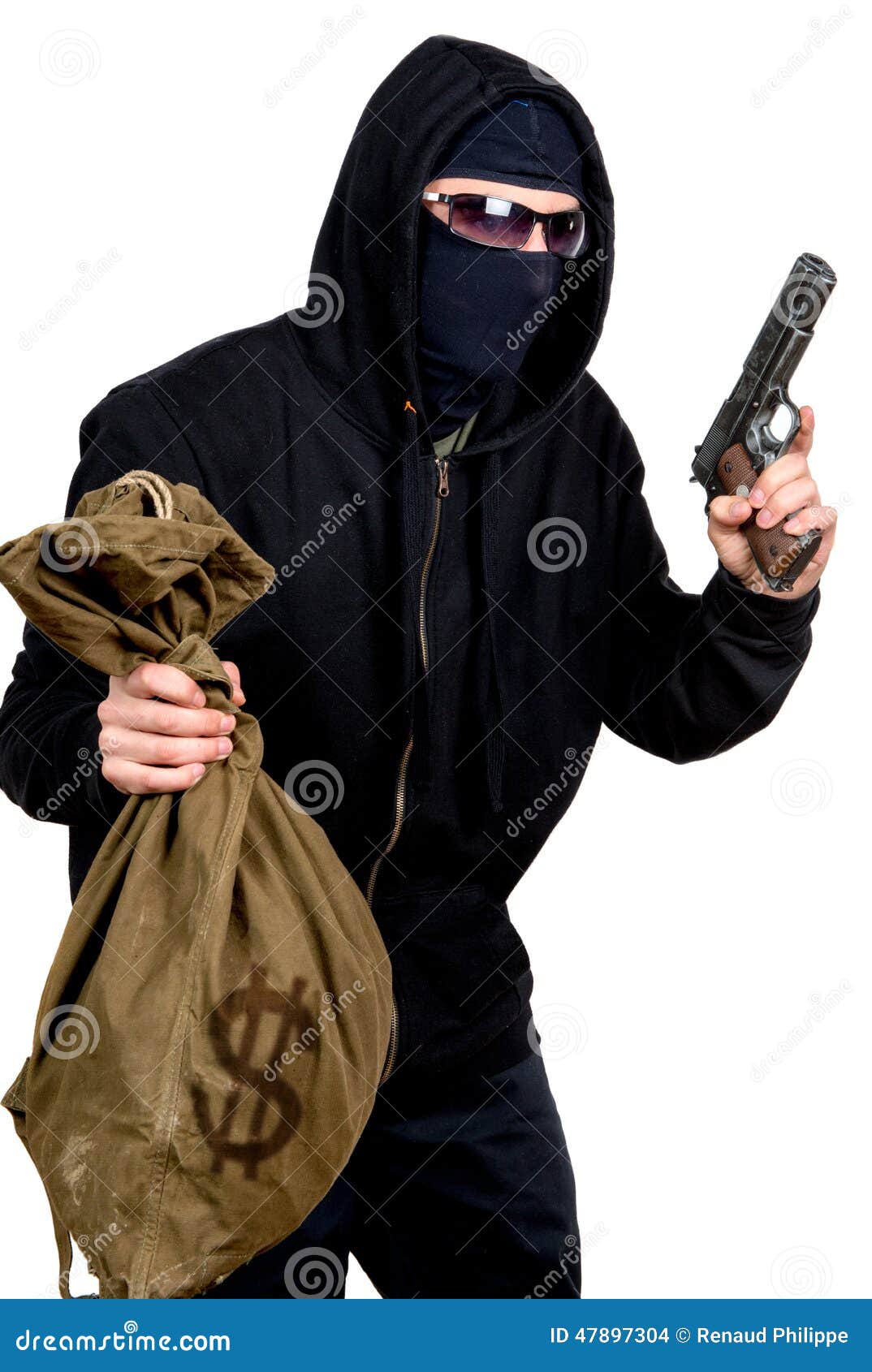 Hooded Robber with a Gun and a Bag Stock Photo - Image of money, weapon ...