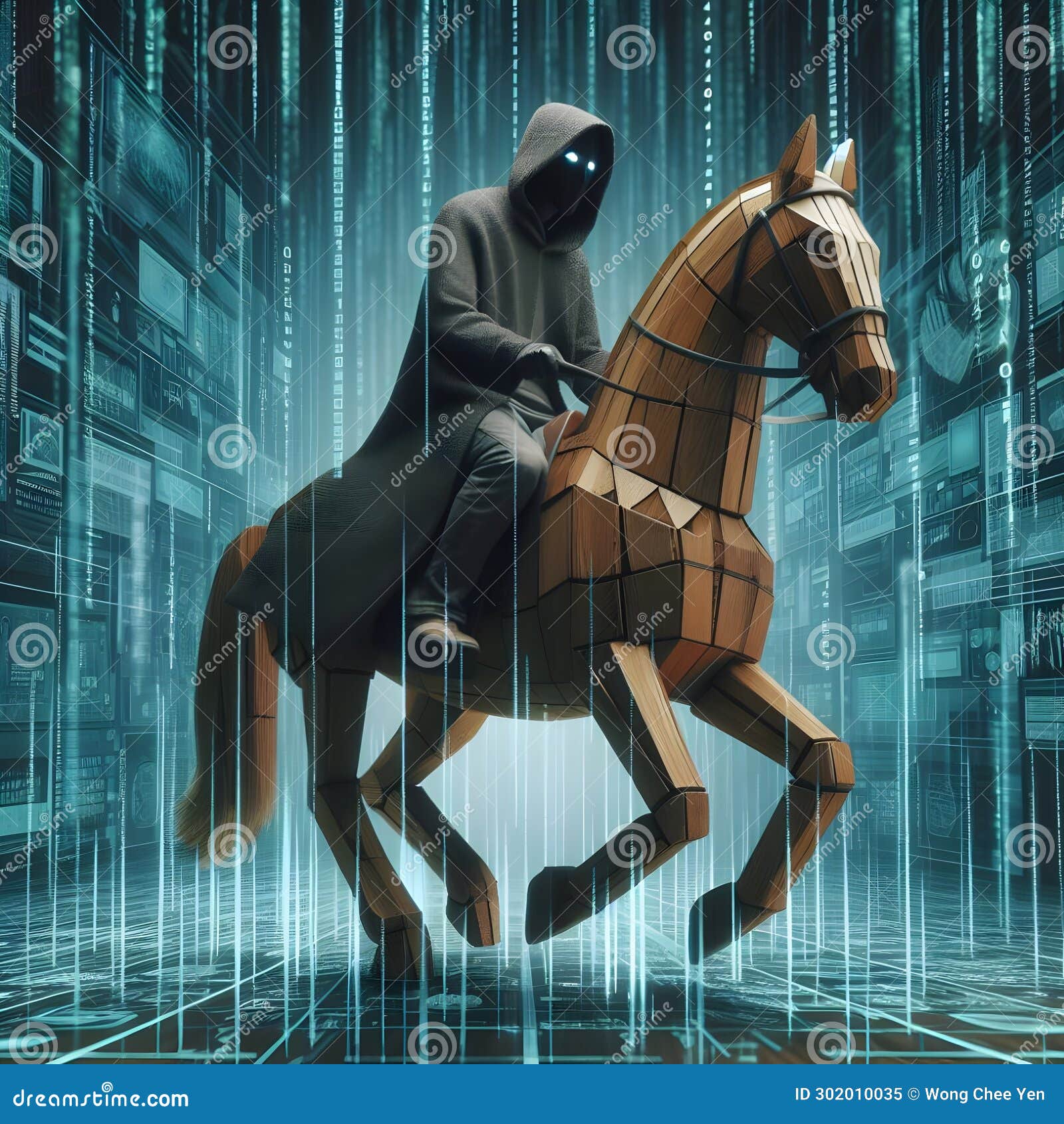 Hooded Scammer Riding Trojan Horse in Digital Matrix Technology Space ...