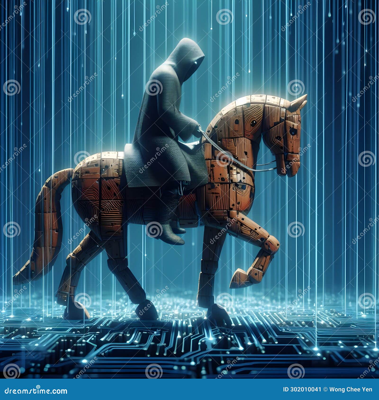 Hooded Scammer Riding Trojan Horse In Digital Matrix Technology Space ...