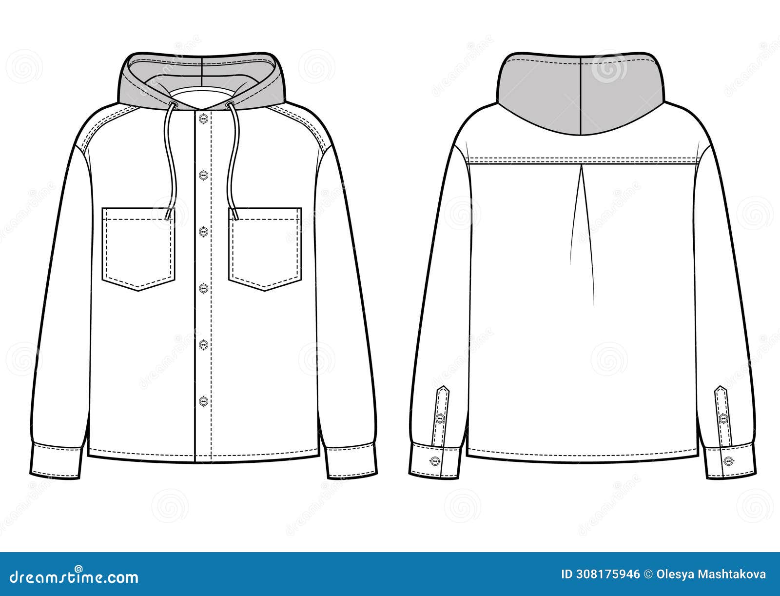 Hooded Shirt Fashion Flat Technical Drawing Template. Stock Vector ...