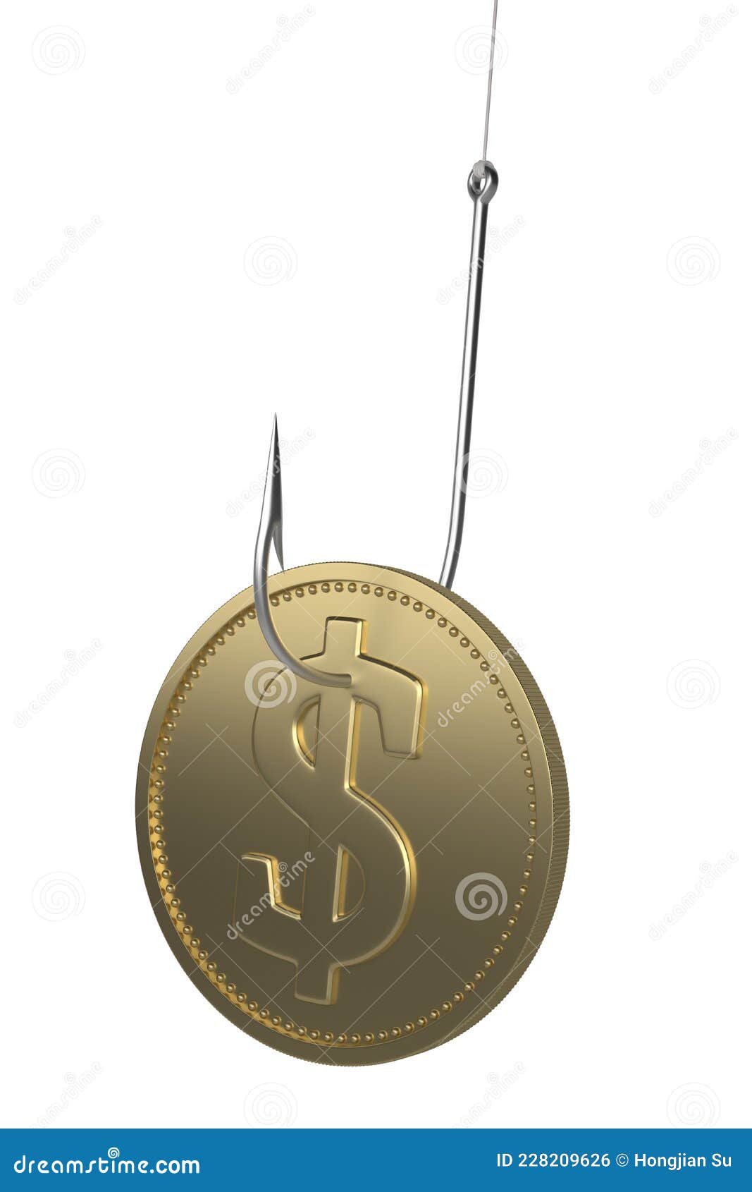 Hook and Gold Coins on White Background.3D Illustration Stock ...