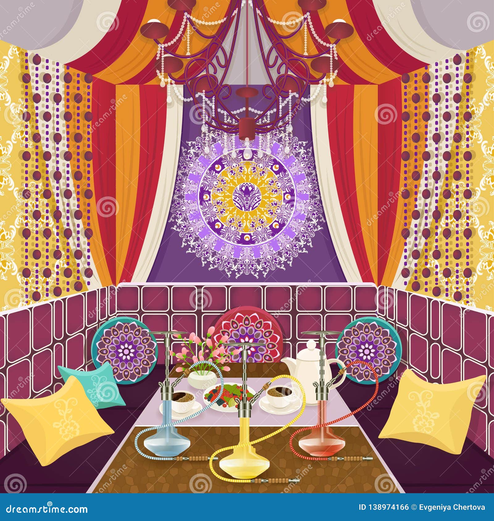 Hookah Room Ornate Decorated in Oriental Style, Flat Drawing, Vector ...