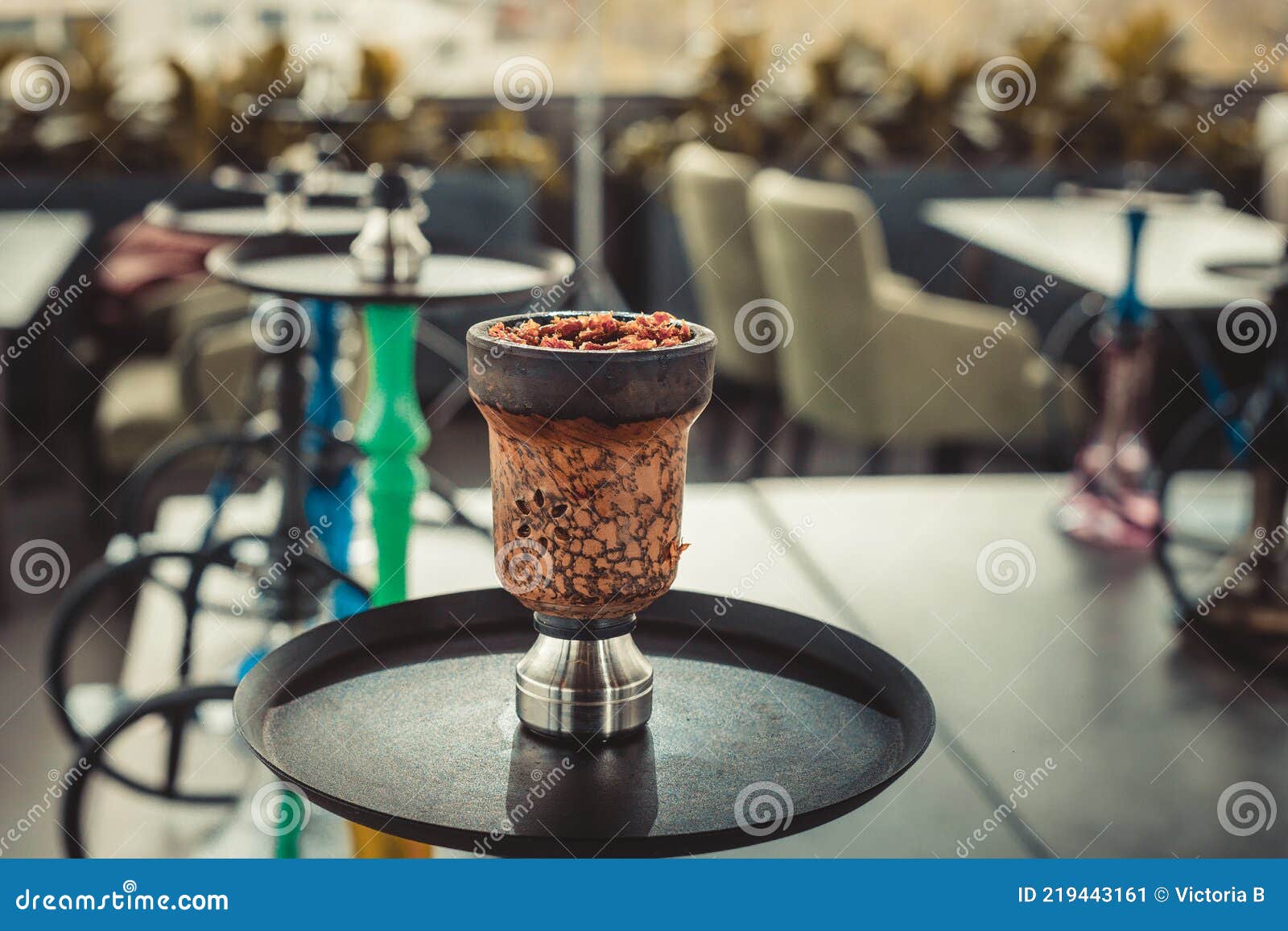 Group of Hookahs Shisha on Table in Interior Stock Image - Image of ...