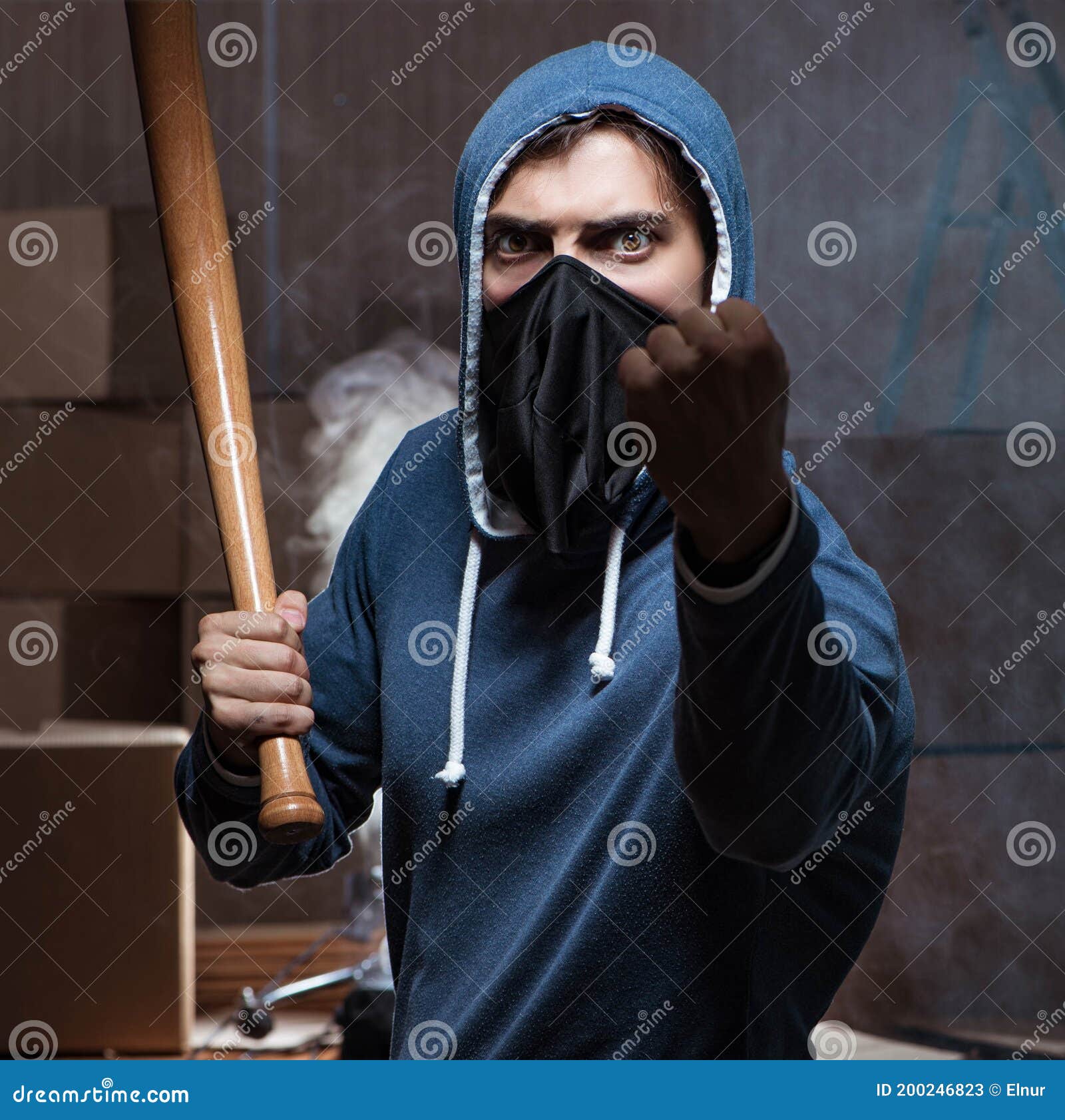 Hooligan with Bat in Dark Room Stock Image - Image of crime, balaclava ...