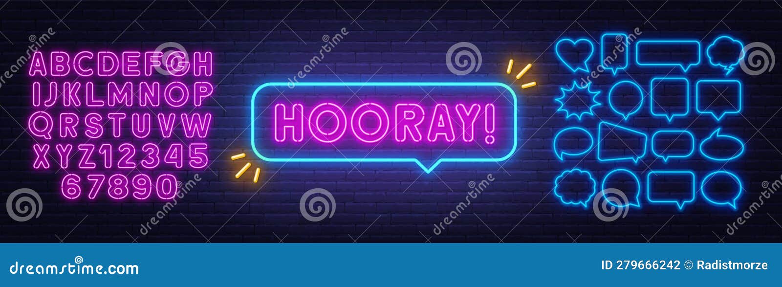 Hooray Neon Sign In The Speech Bubble On Brick Wall Background Stock