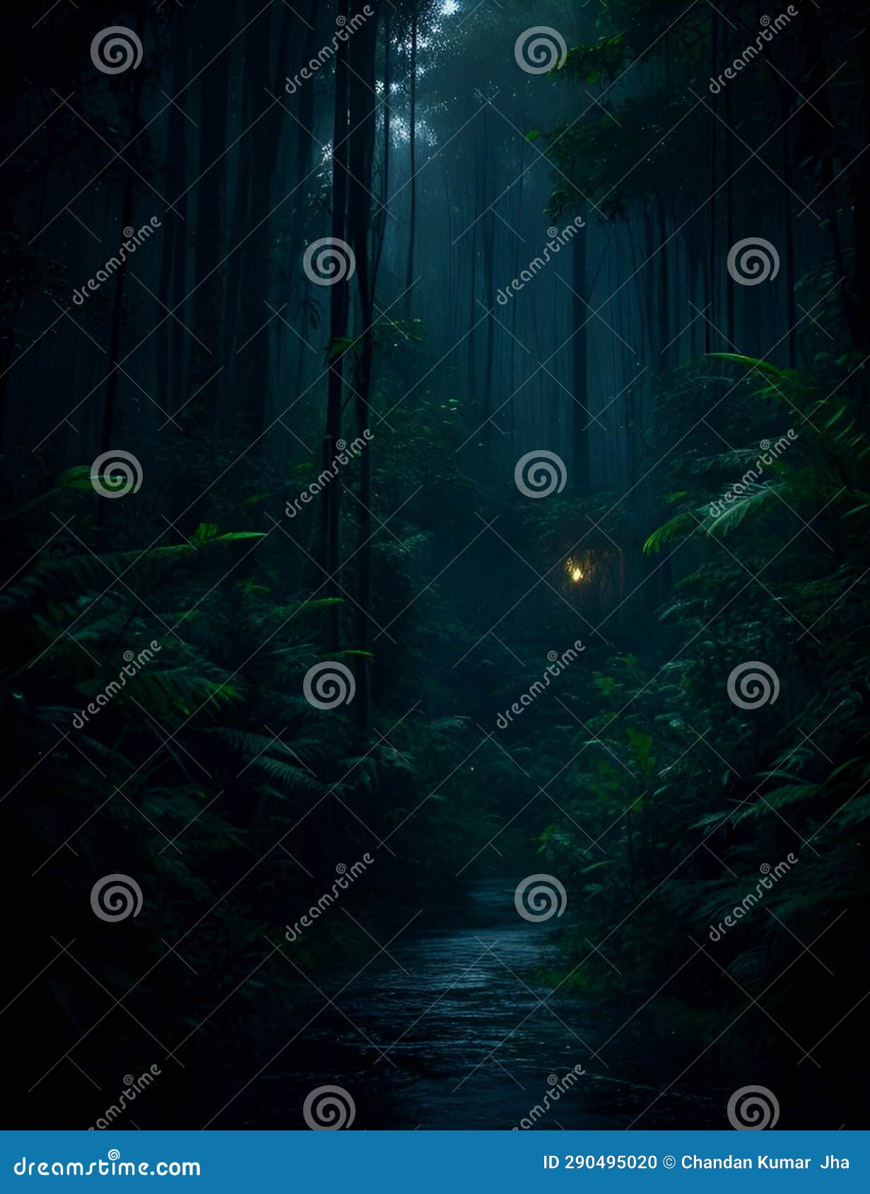 A Hope Light in the Dark Forest with Mysterious Tone. Stock Photo ...