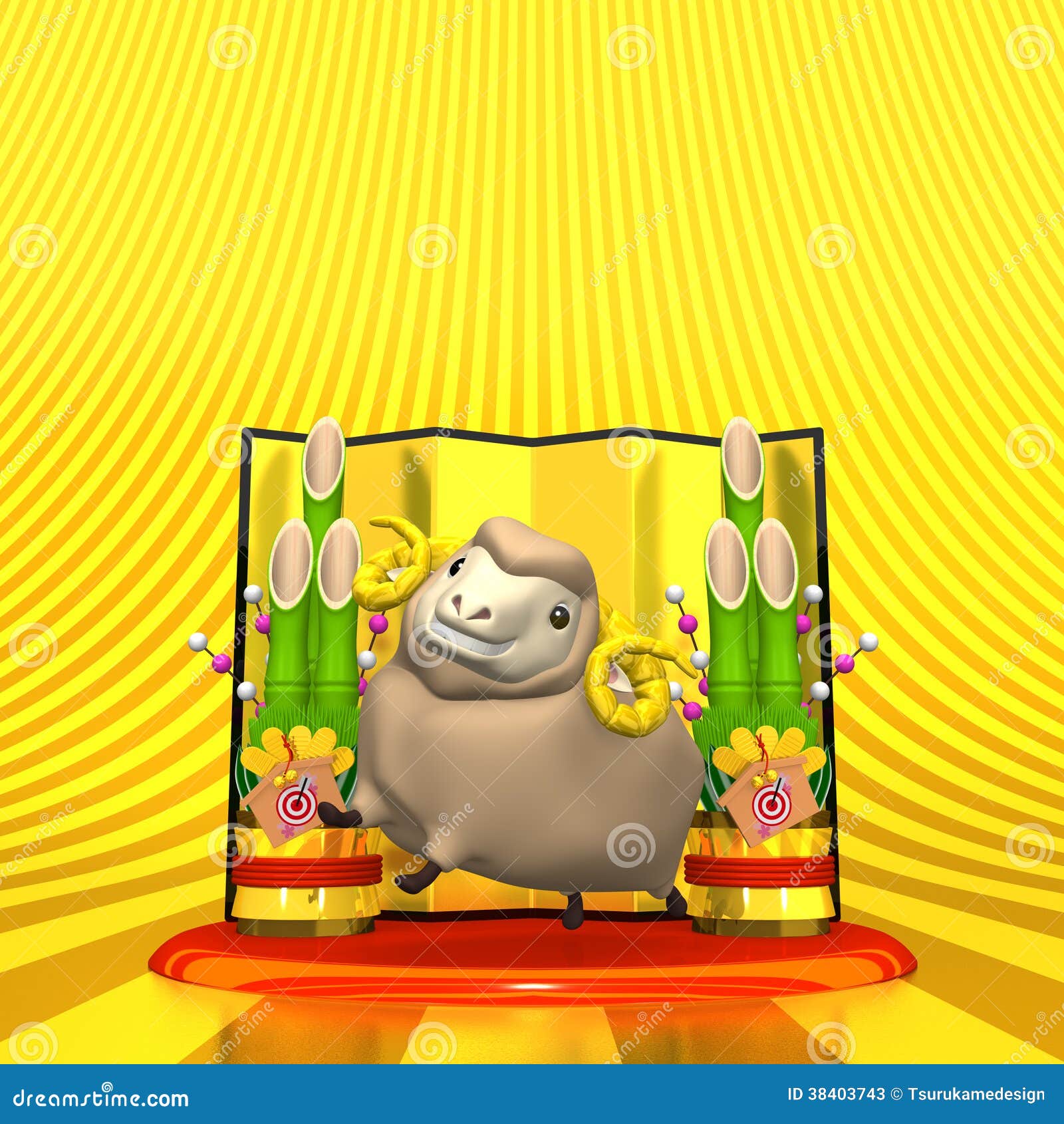 Hopping Sheep and Pair of Kadomatsu on Golden Text Space Stock ...