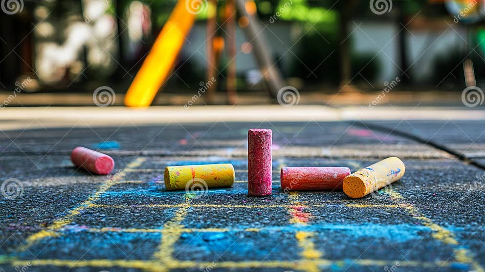 A Hopscotch Pattern Drawn on Pavement, Surrounded by Scattered Chalks ...
