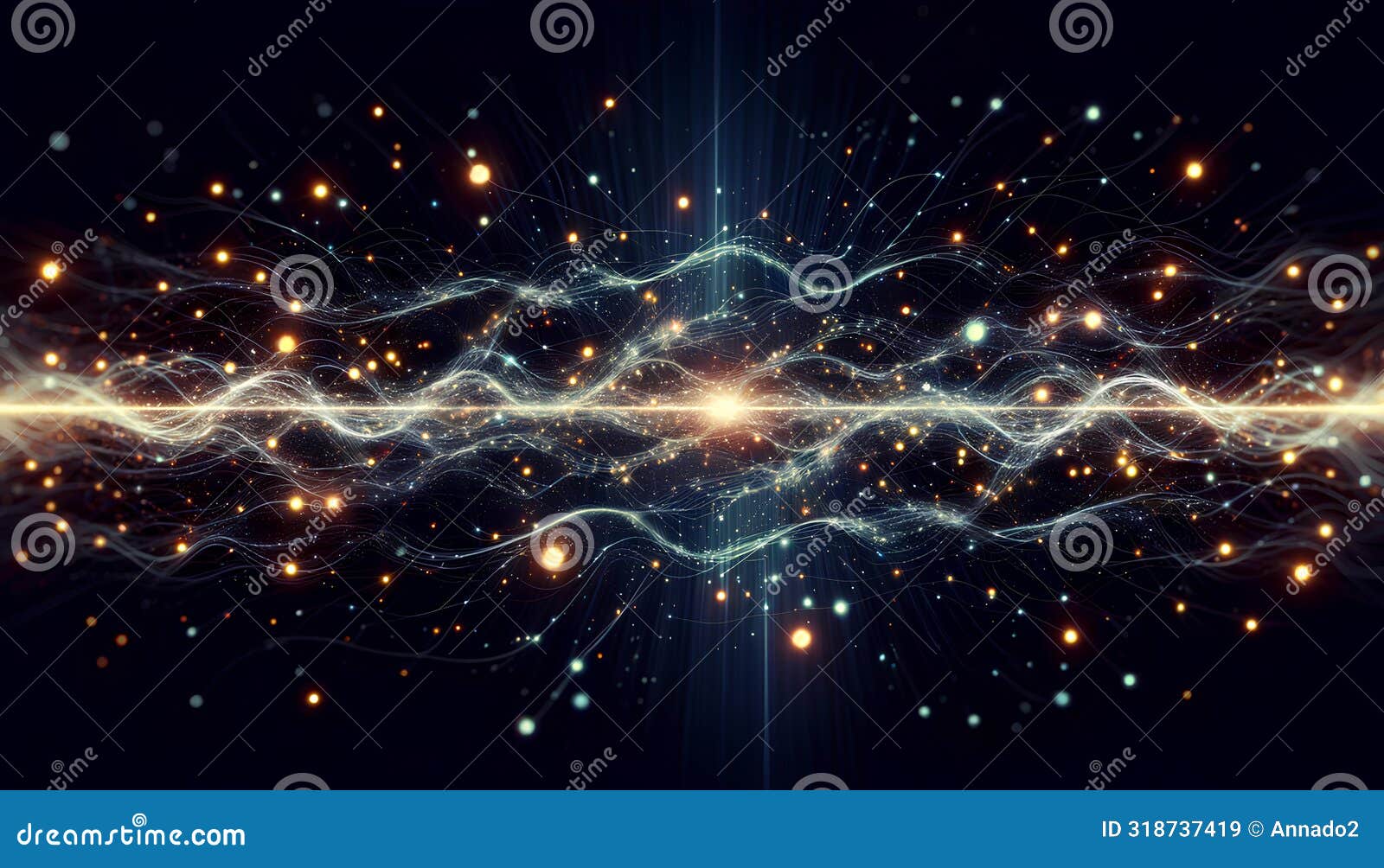 Horizontal Background with Glowing Quantum Particles on a Dark ...