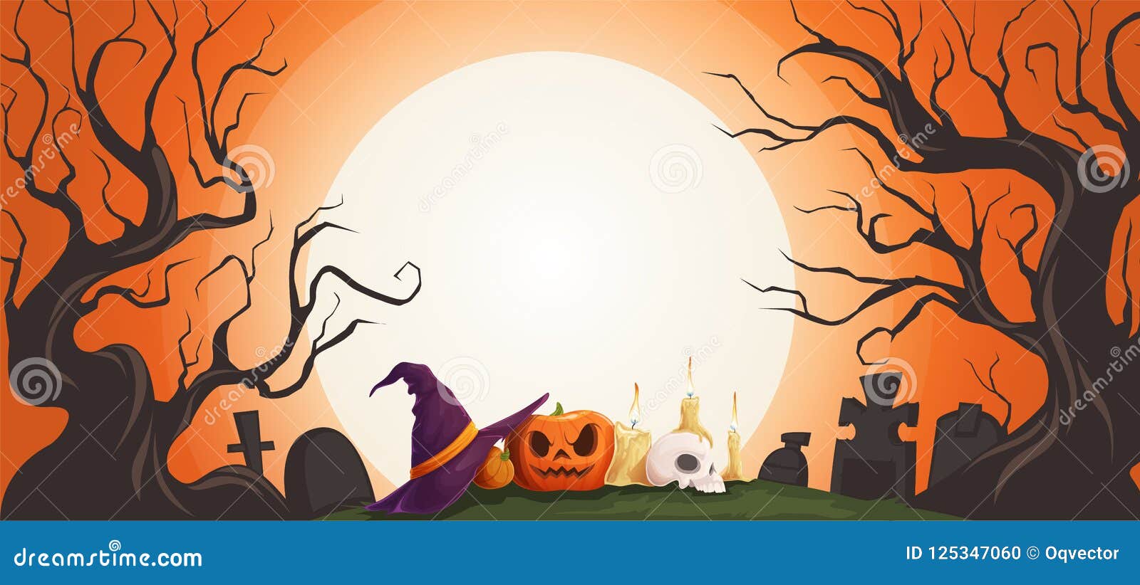 Horizontal Background With Halloween Attributes And A Big Moon. Stock ...