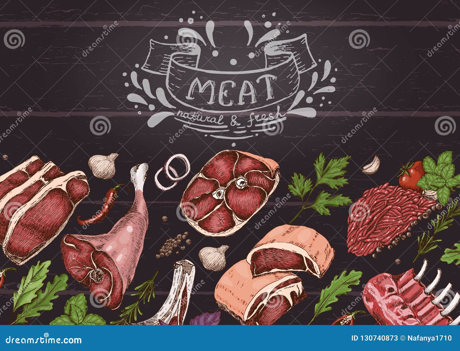 Horizontal Background with Meats Stock Vector - Illustration of basil ...