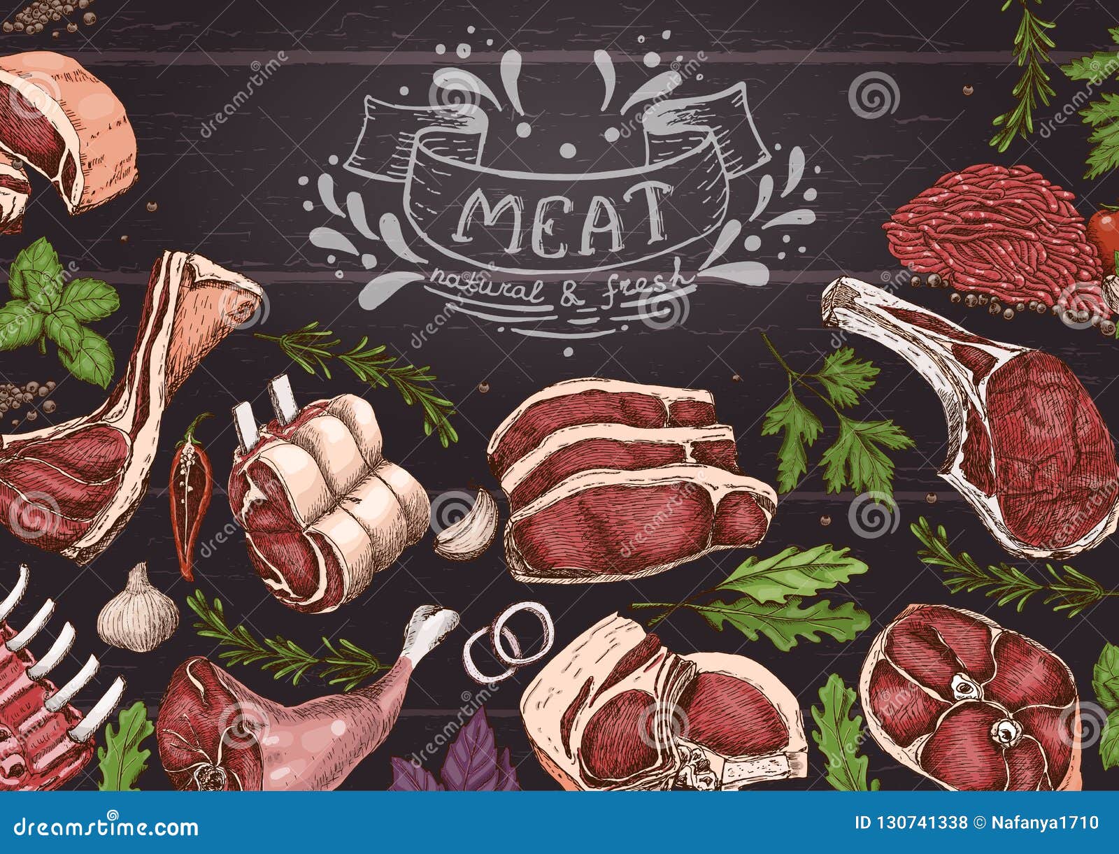 Horizontal Background with Meats Stock Vector - Illustration of bone ...