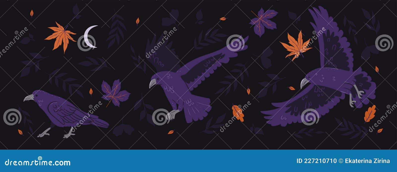 Horizontal Banner with Crows and Autumn Leaves. Vector Graphics Stock ...