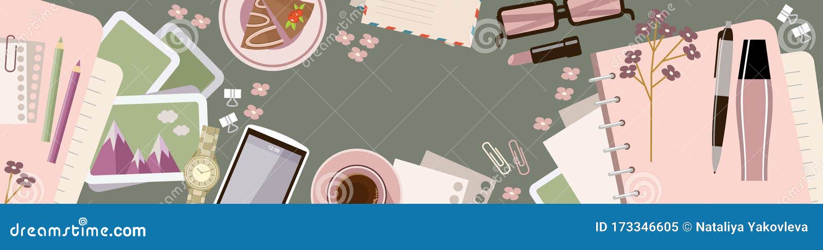 Horizontal Banner with Diary on the Table. Women`s Glamorous Things ...