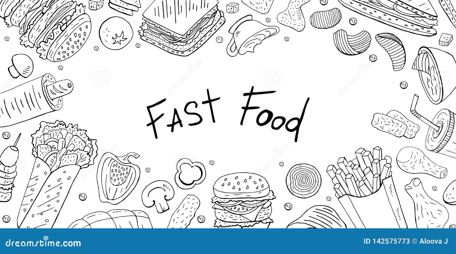 Horizontal Banner with Different Fast Food Elements on White Background ...