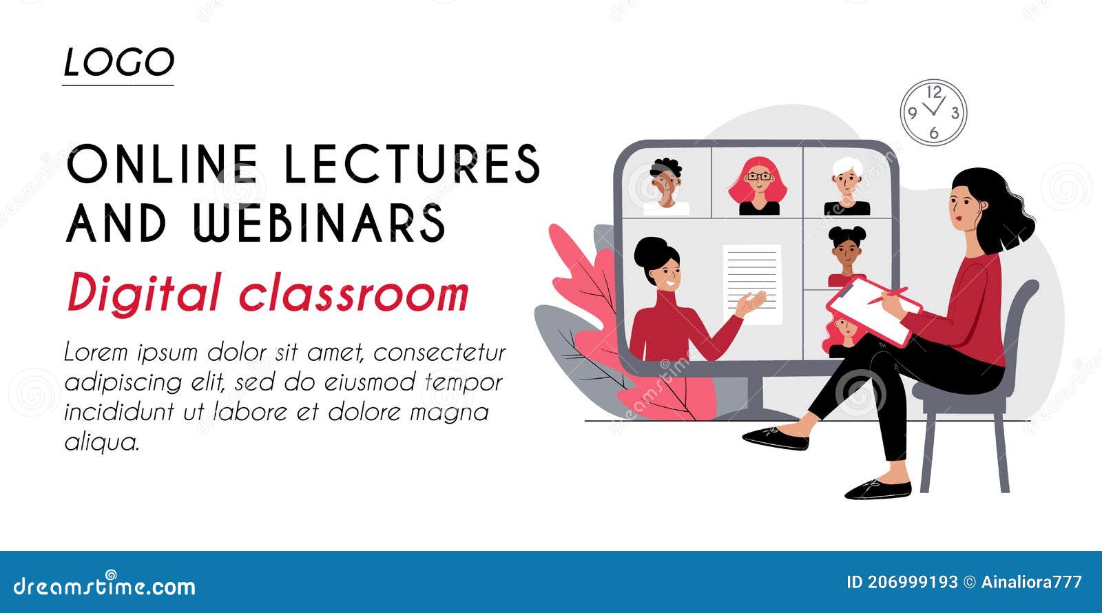 Horizontal Banner Header Template. Young Woman Listening Webinar ...