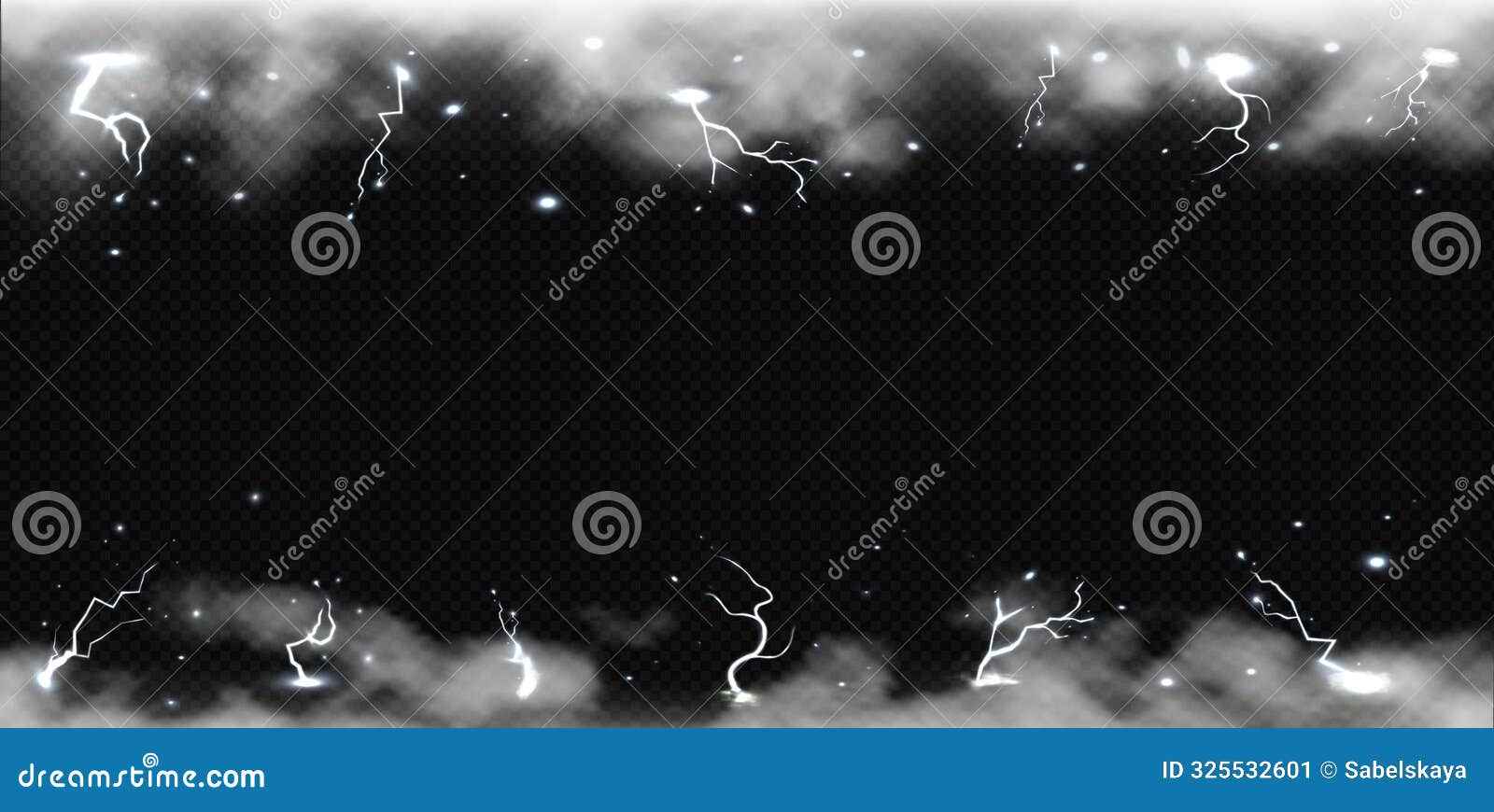 Horizontal Banner with Lightning, Clouds Along the Top and Bottom ...