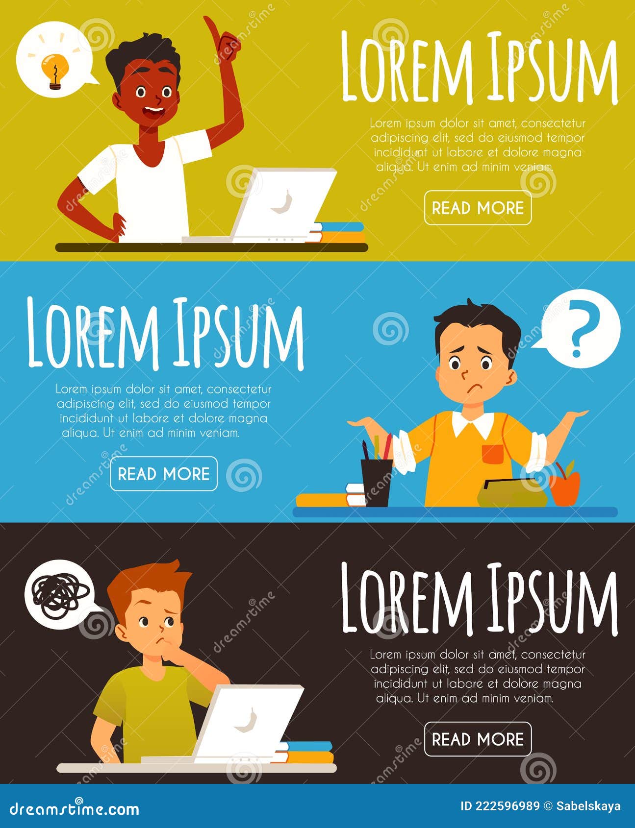 Horizontal Banners with Boys Studying on Computers, Flat Vector ...