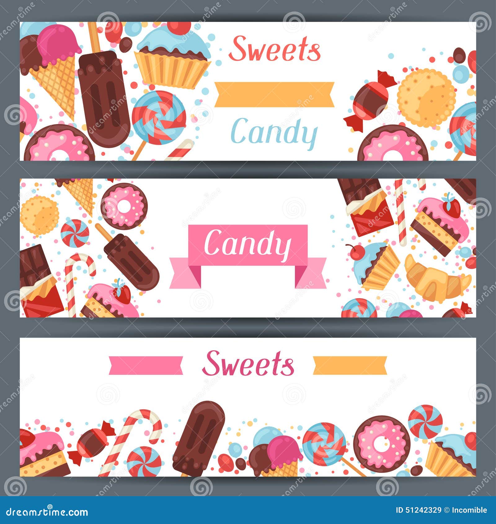 Horizontal Banners with Colorful Candy, Sweets and Stock Vector ...