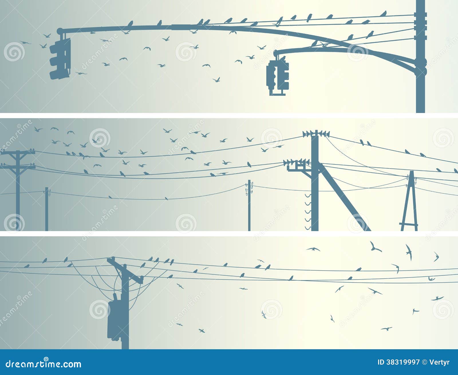 Horizontal Banners of Flock Birds on City Power Lines. Stock Vector ...