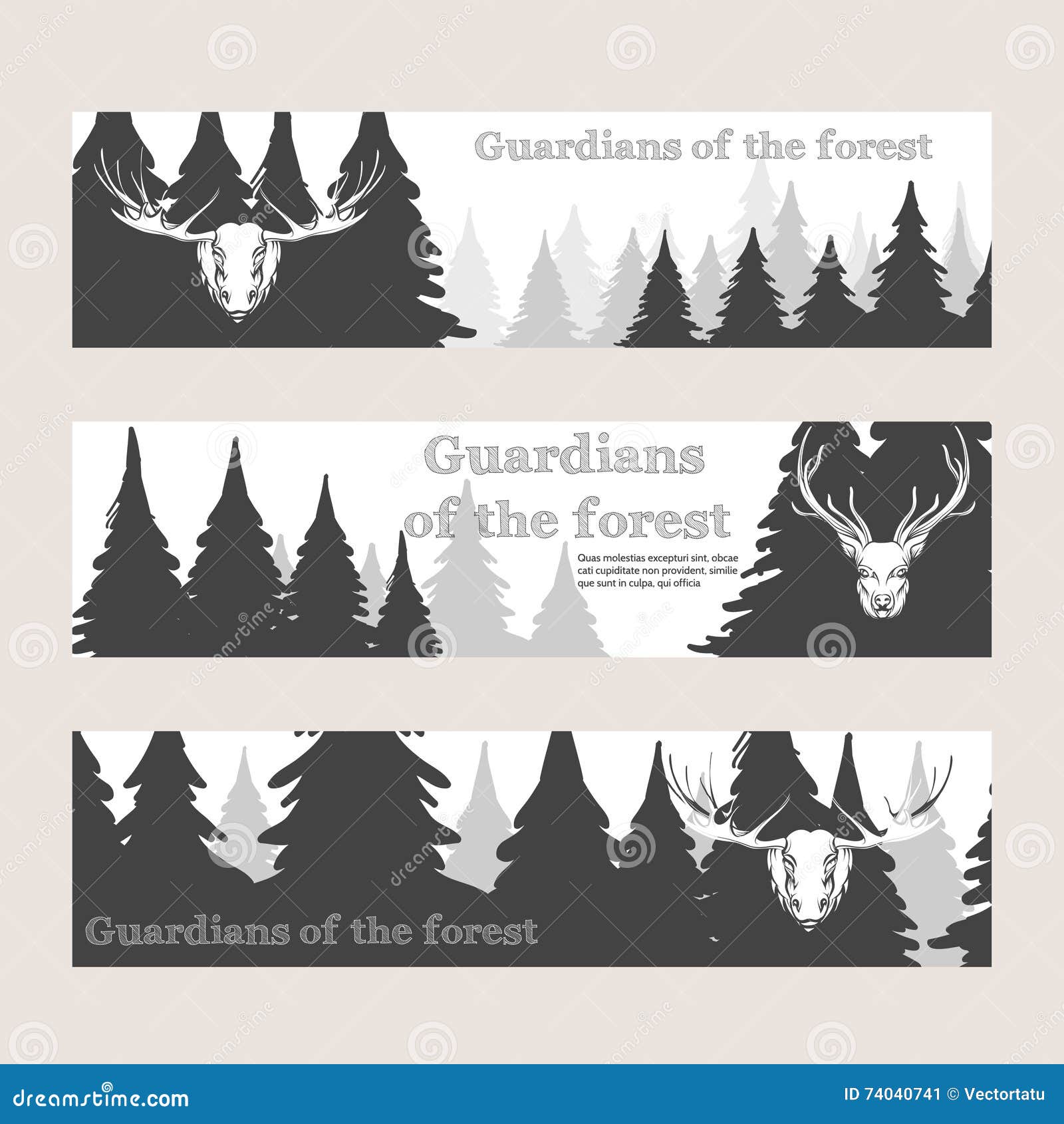 Horizontal Banners with Forest and Deer Stock Vector - Illustration of ...