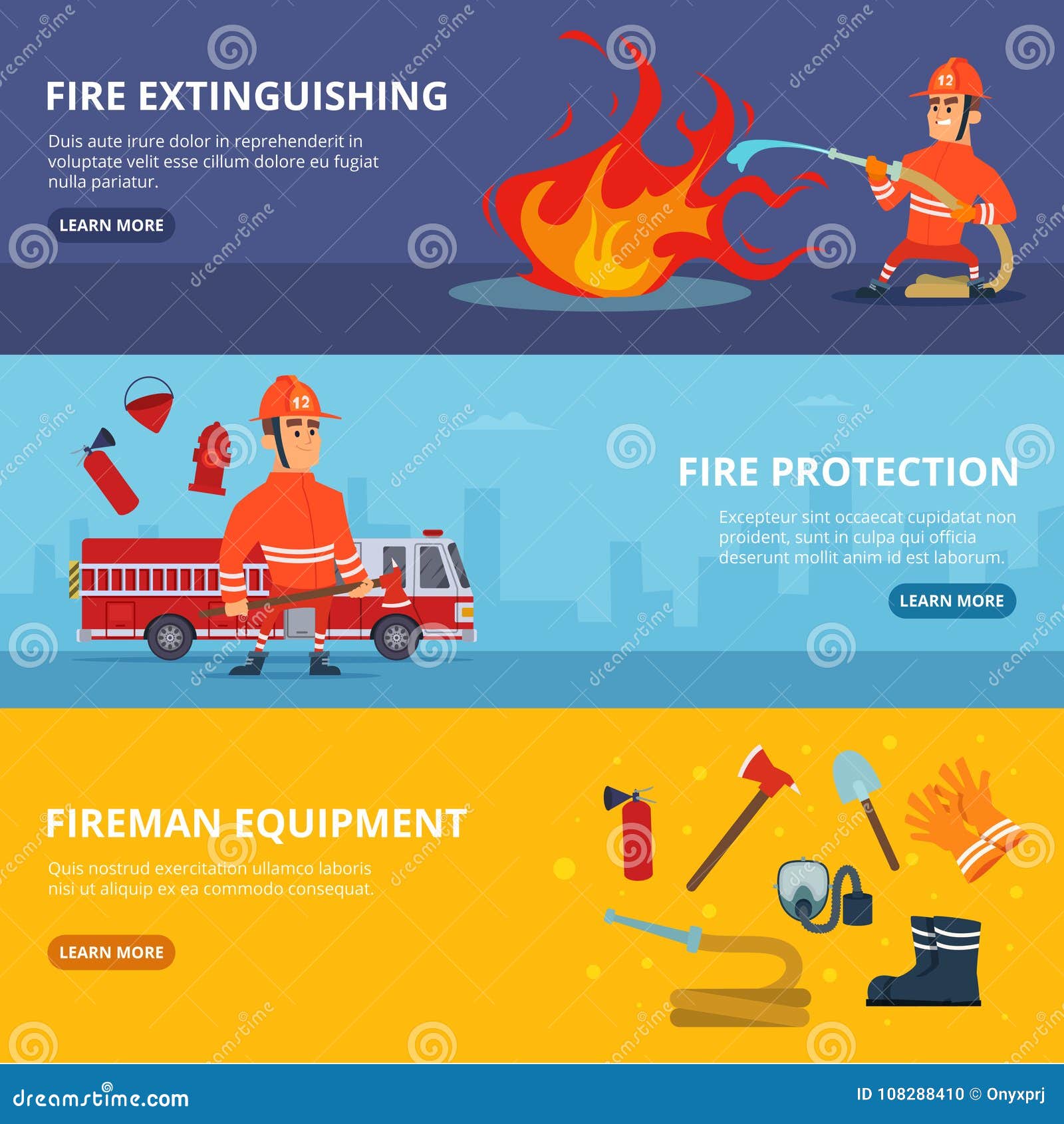 Banners With Firefighting Items. Fire Protection Equipment Vector ...
