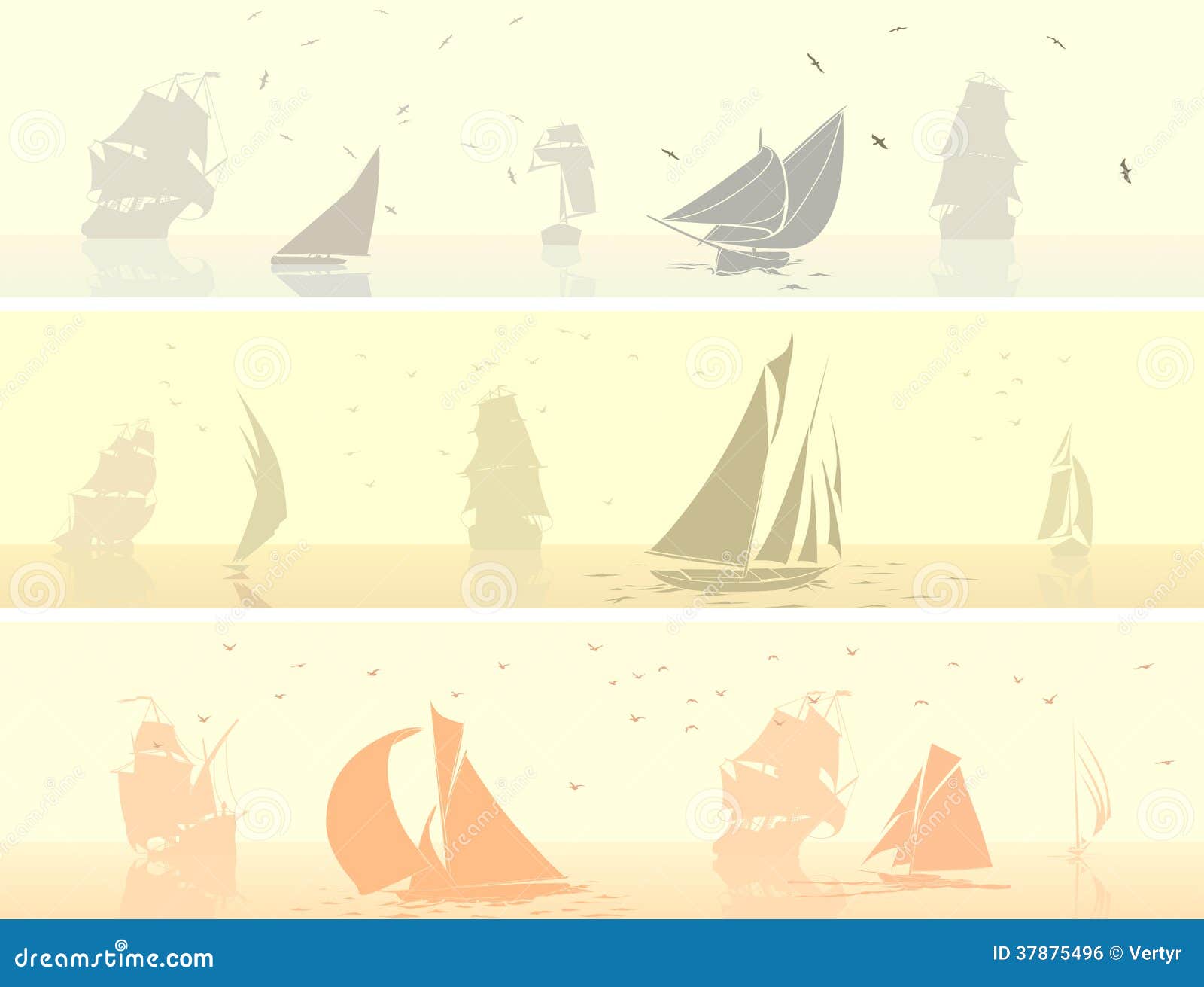 Horizontal Banners of Sailing Ships with Birds. Stock Vector ...