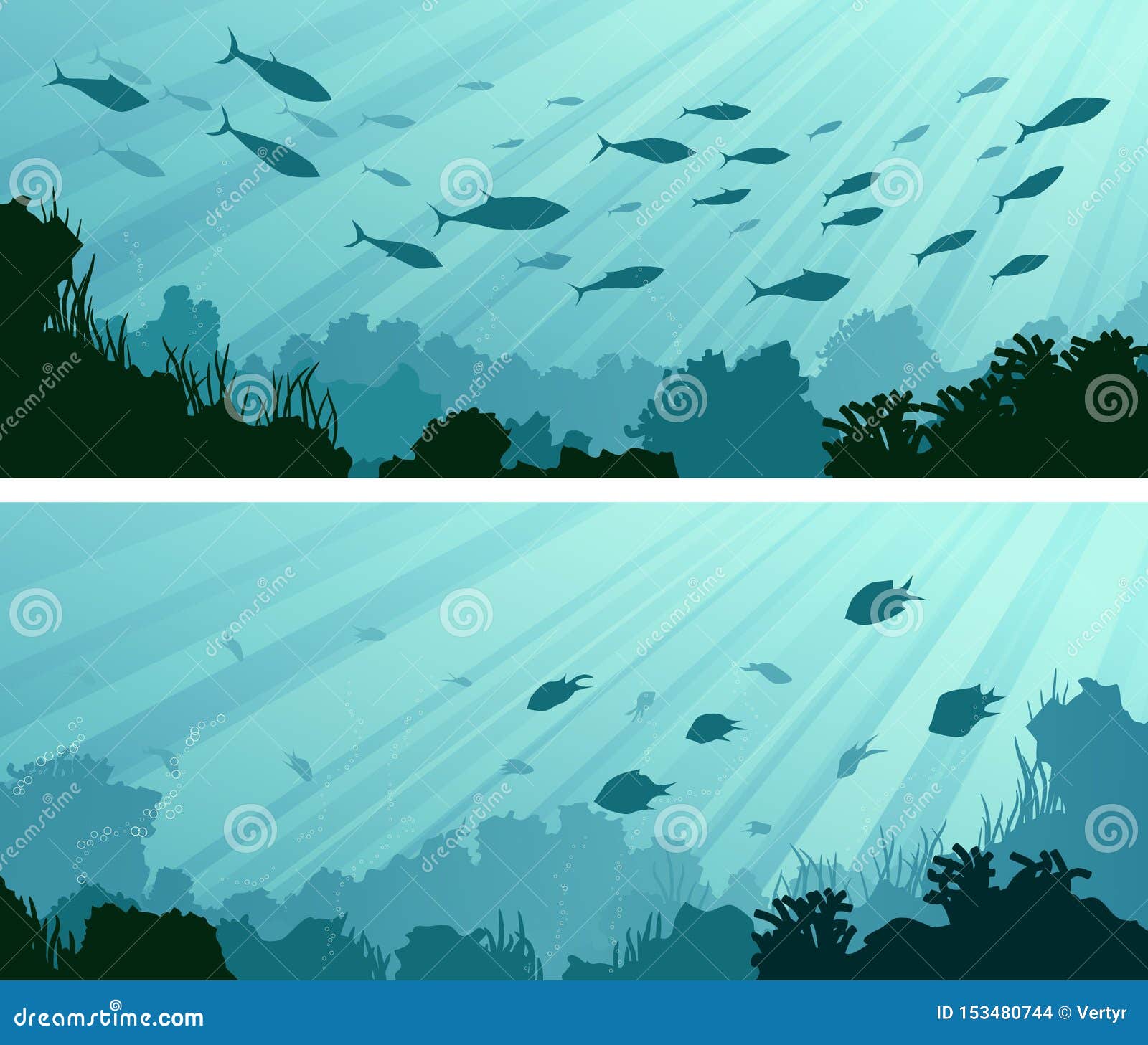 Horizontal Banners of Seabed with Coral Reefs, Algae and School of Fish ...