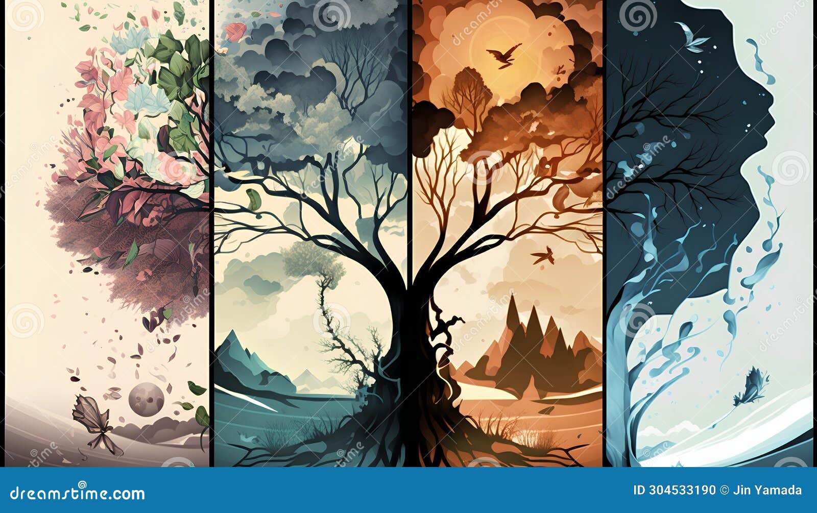 Horizontal Banners with Tree, Sun, Castle and Flying Birds. Stock ...