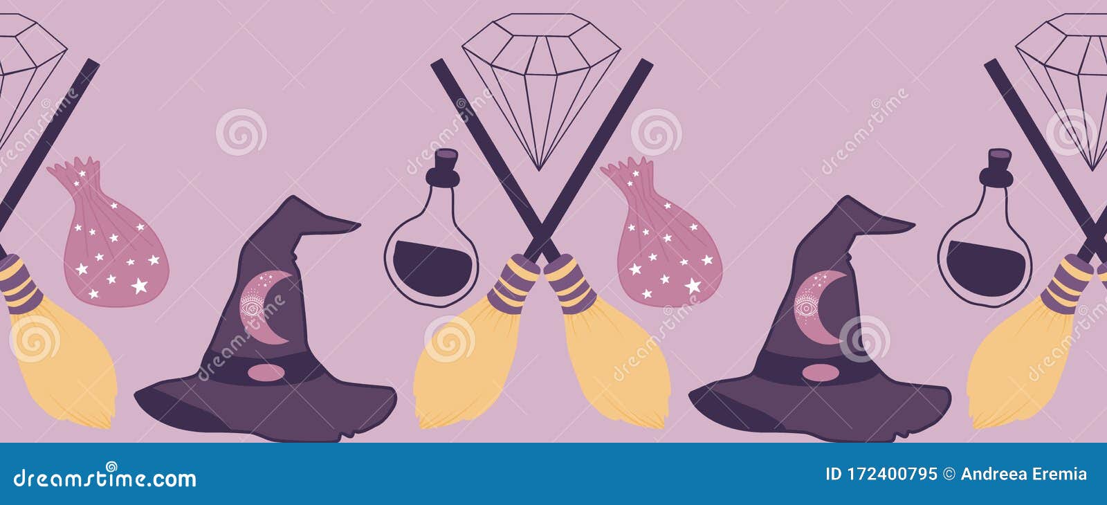 Horizontal Border with Brooms and Magic Elements Stock Vector ...