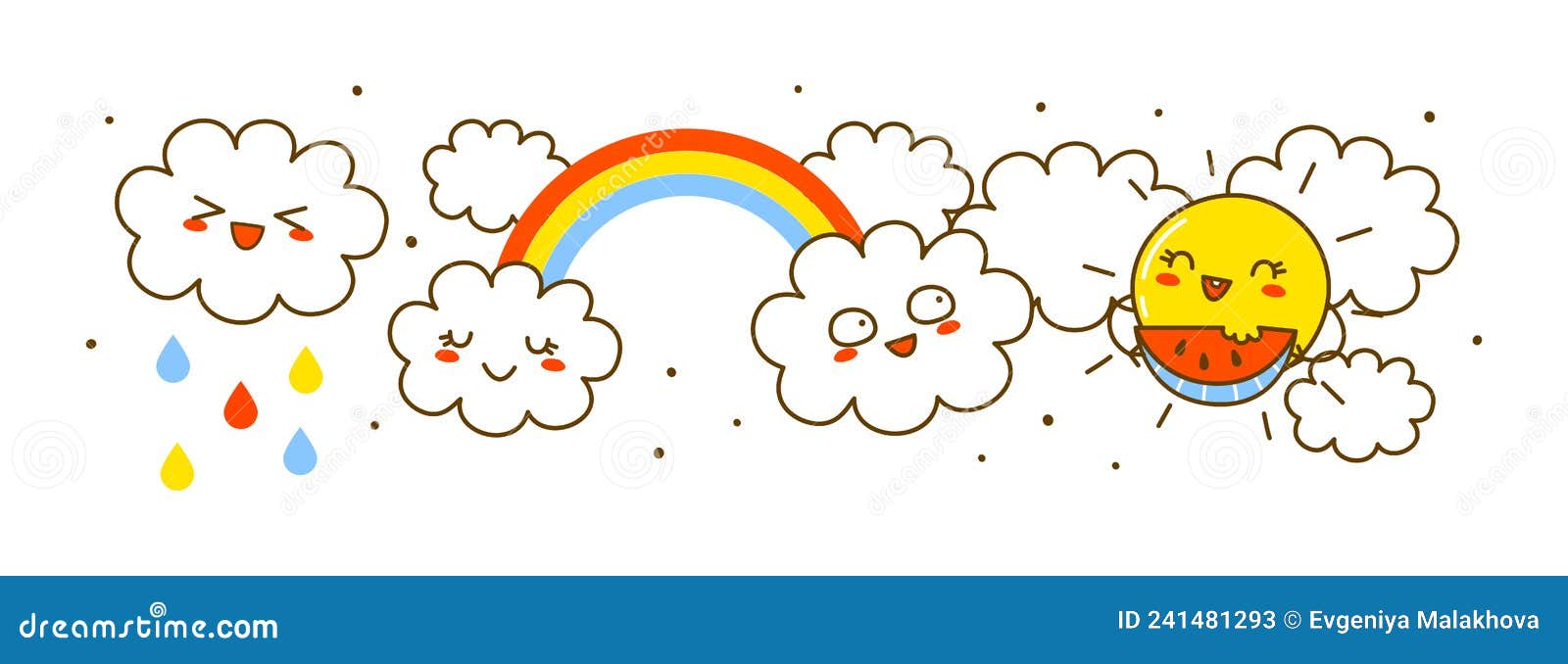 Horizontal Border with Cartoon Sun and Clouds for Funny Summer Design 2 ...