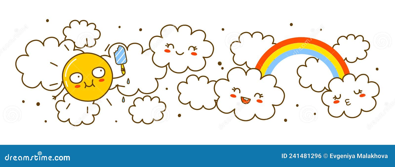 Horizontal Border with Cartoon Sun and Clouds for Funny Summer Design 3 ...