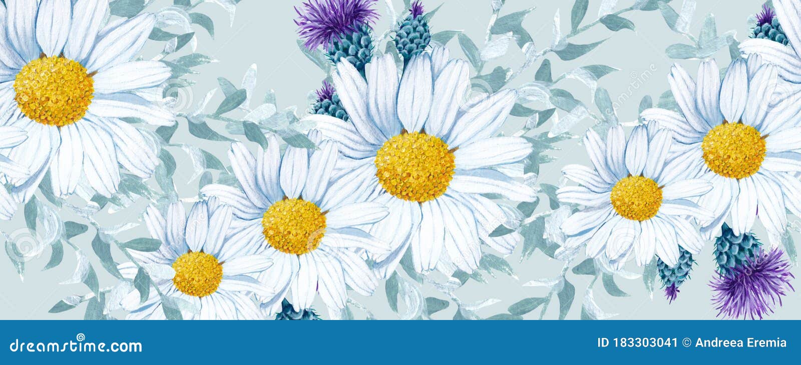 Horizontal Border with Daisy on a Blue Background Stock Illustration ...